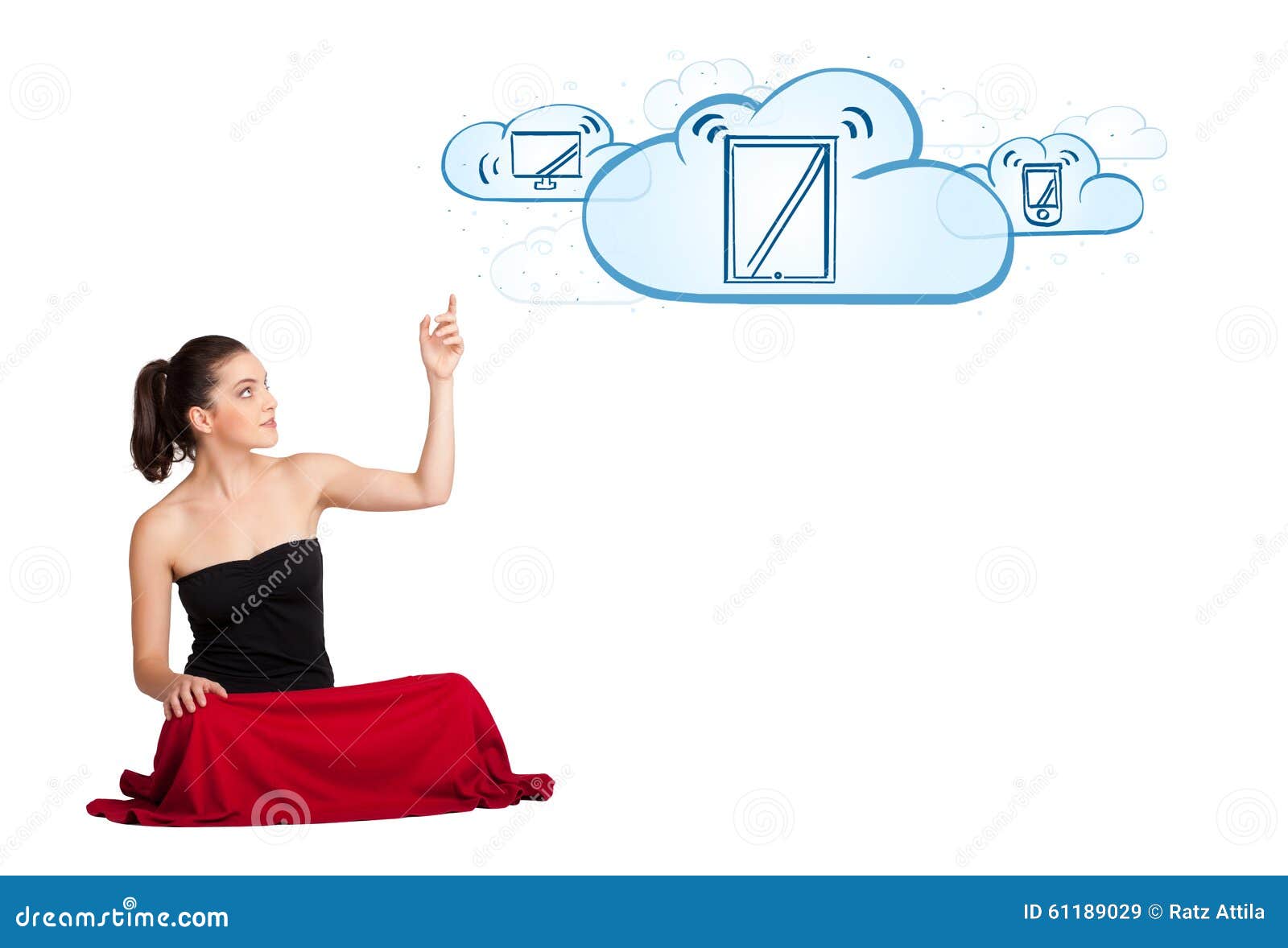Young Woman Presenting Modern Devices in Clouds Stock Image - Image of ...