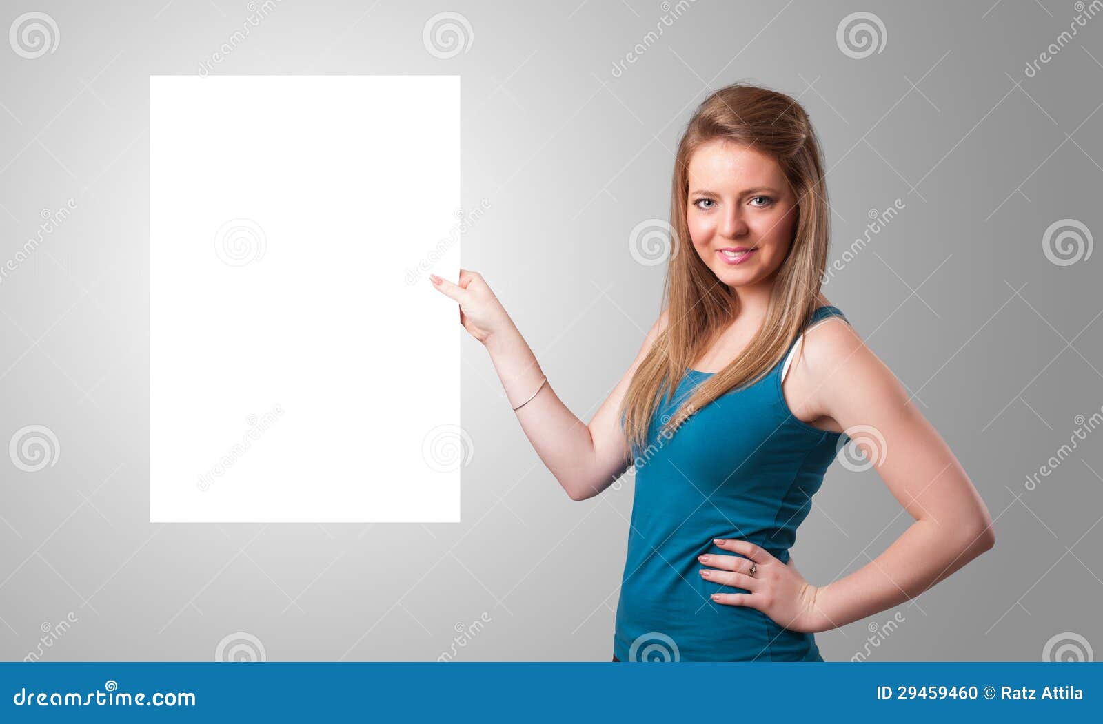Young Woman Presenting White Paper Copy Space Stock Photo - Image of ...