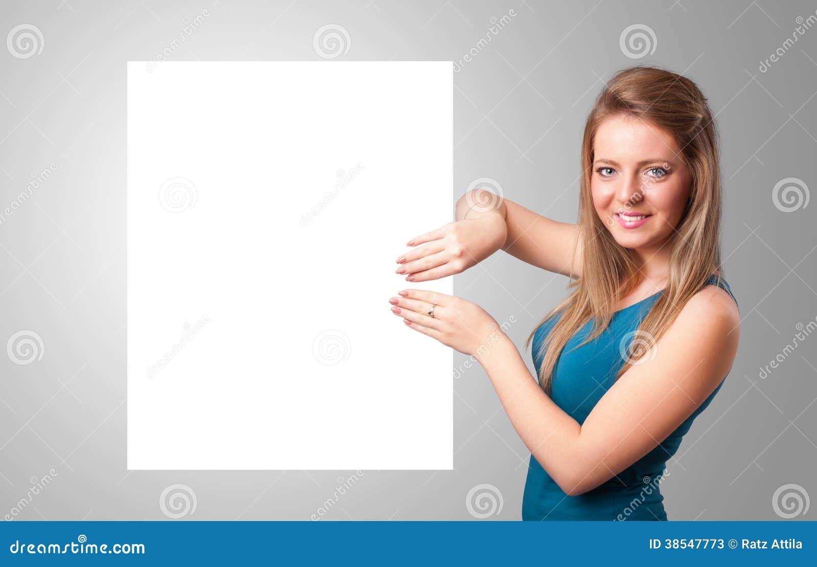 Young Woman Presenting White Paper Copy Space Stock Image - Image of ...
