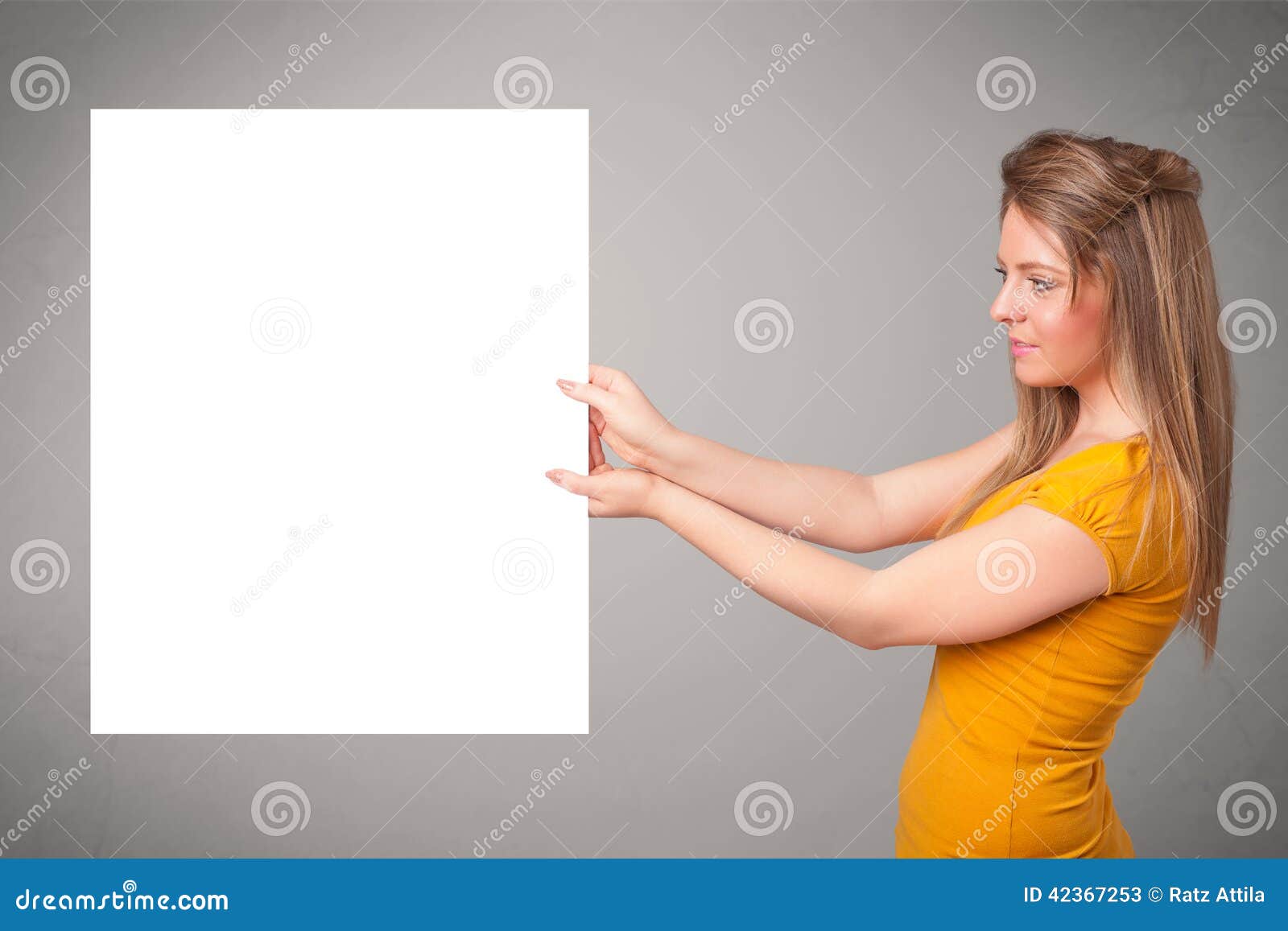 Young Woman Presenting White Paper Copy Space Stock Image - Image of ...