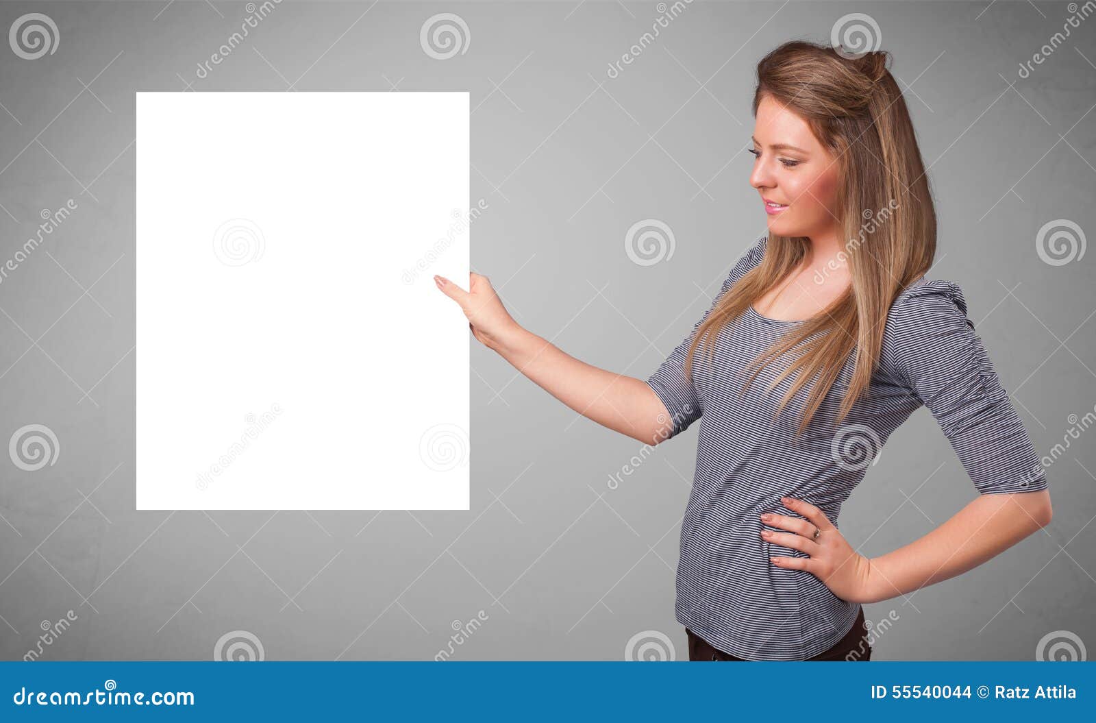 Young Woman Presenting White Paper Copy Space Stock Photo - Image of ...