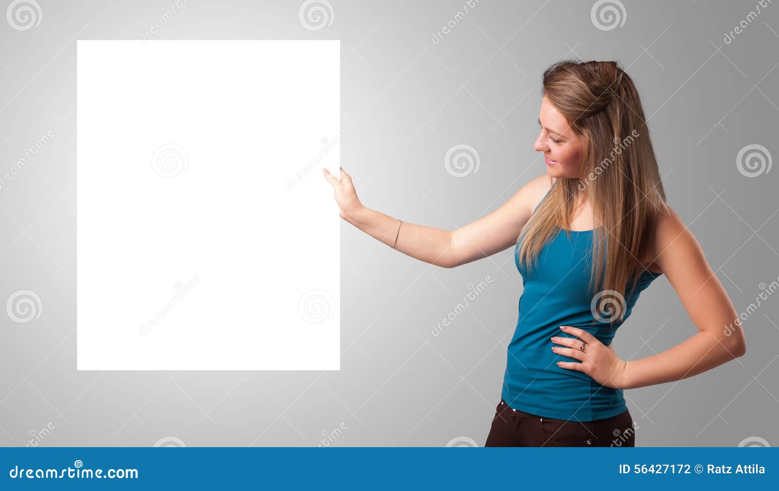 Young Woman Presenting White Paper Copy Space Stock Photo - Image of ...