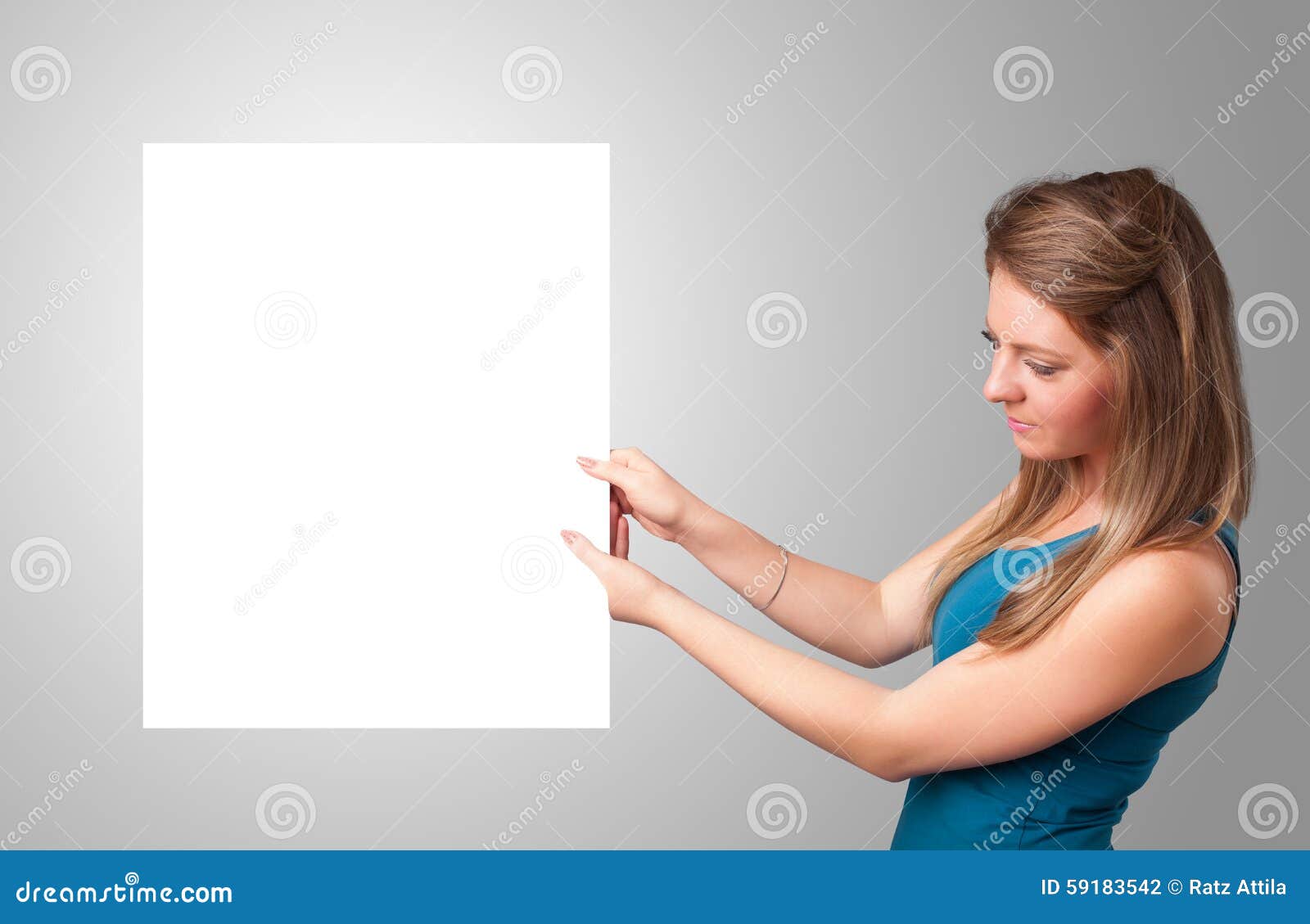 Young Woman Presenting White Paper Copy Space Stock Photo - Image of ...