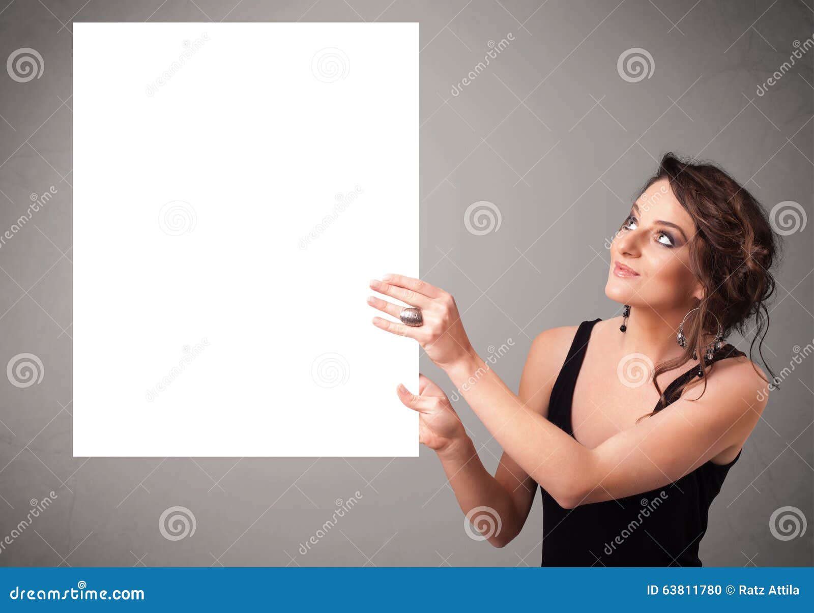 Young Woman Presenting White Paper Copy Space Stock Photo - Image of ...