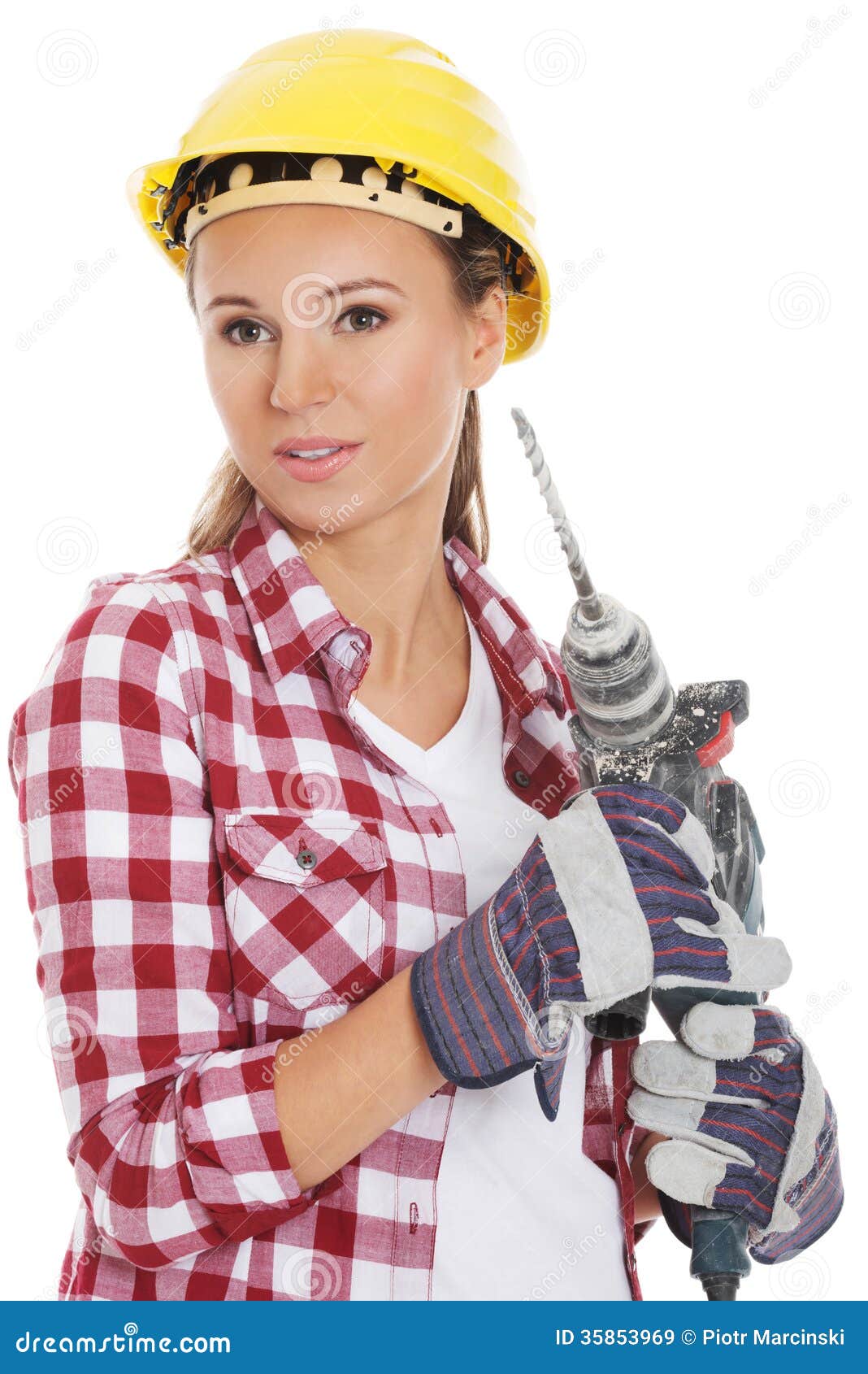 Young Woman in Protective Helmet and Jackhammer. Stock Image - Image of ...
