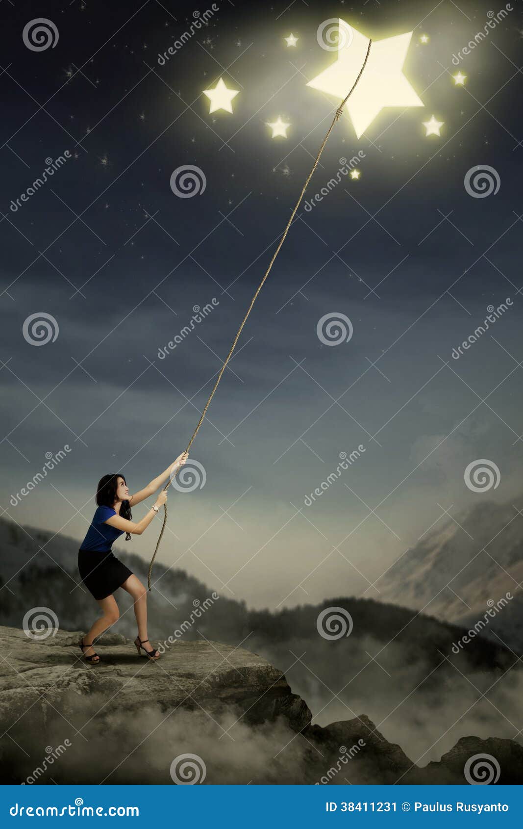 Young Woman Pulling Bright Stars Stock Image - Image of imagination ...