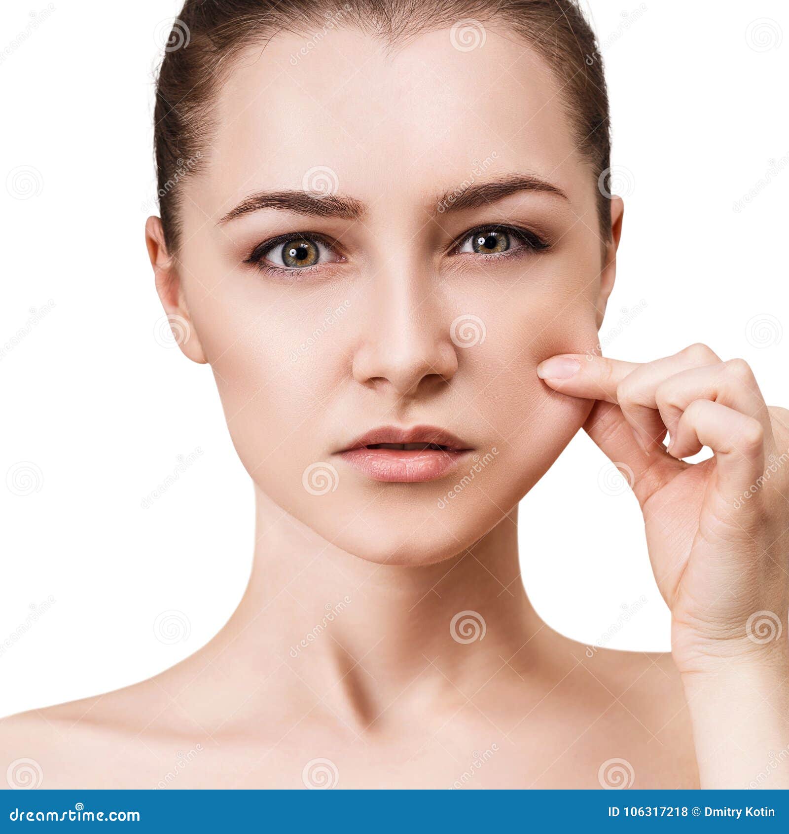 Young Woman Pulls Cheek`s Skin. Stock Photo - Image of look, pain ...
