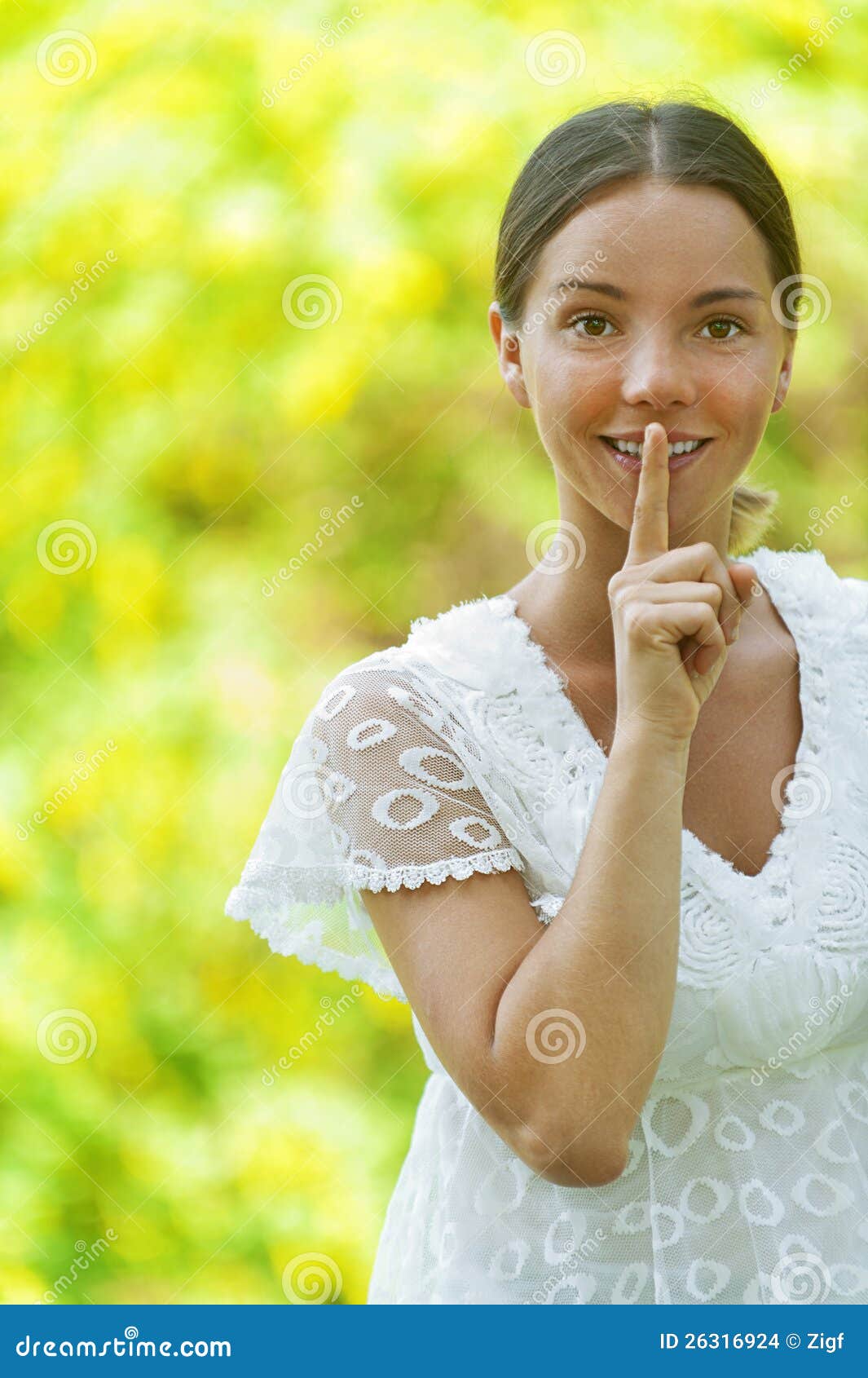 Young Woman Puts Finger To His Lips Stock Photo - Image of arms ...