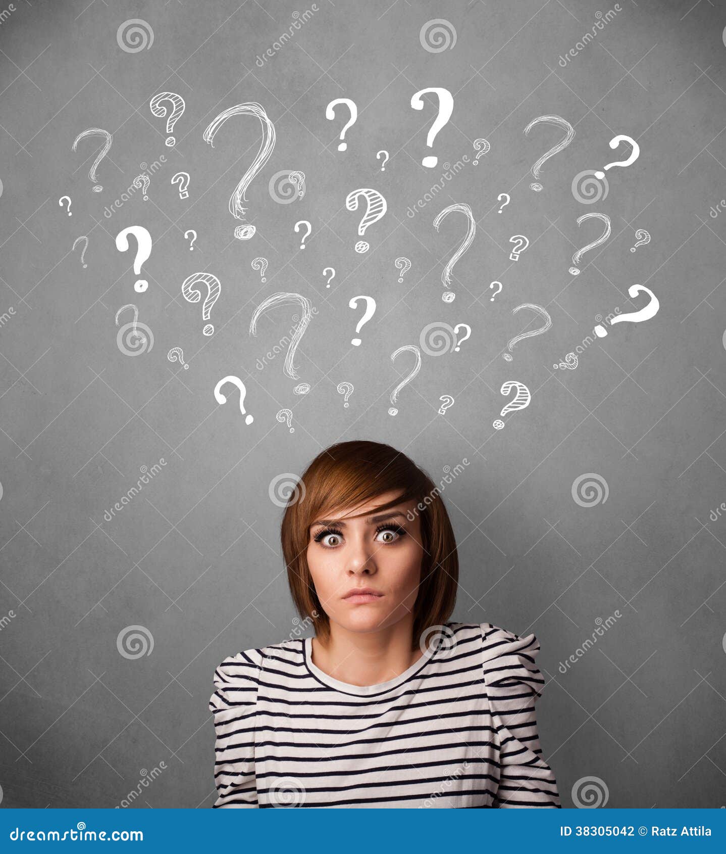 Young Woman with Question Marks Above Her Head Stock Photo - Image of ...