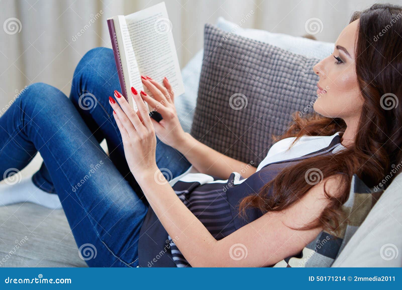 Young Woman Read Book Relaxing on Sofa Stock Photo - Image of beautiful ...