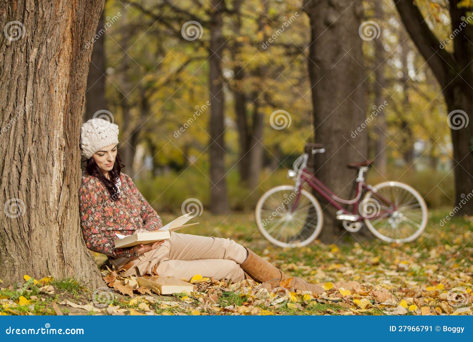 Young Woman Reading in the Autumn Forest Stock Image - Image of nature ...