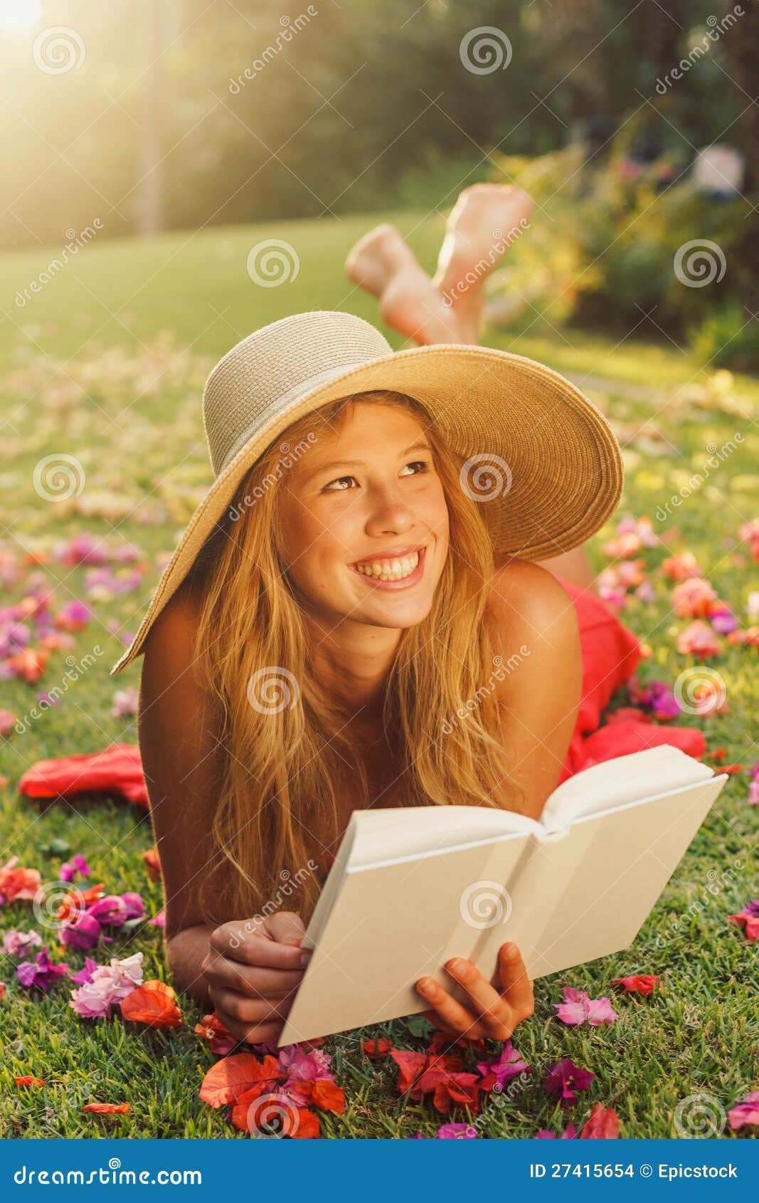 Young Woman Reading Book Outside Stock Photo - Image of blonde ...