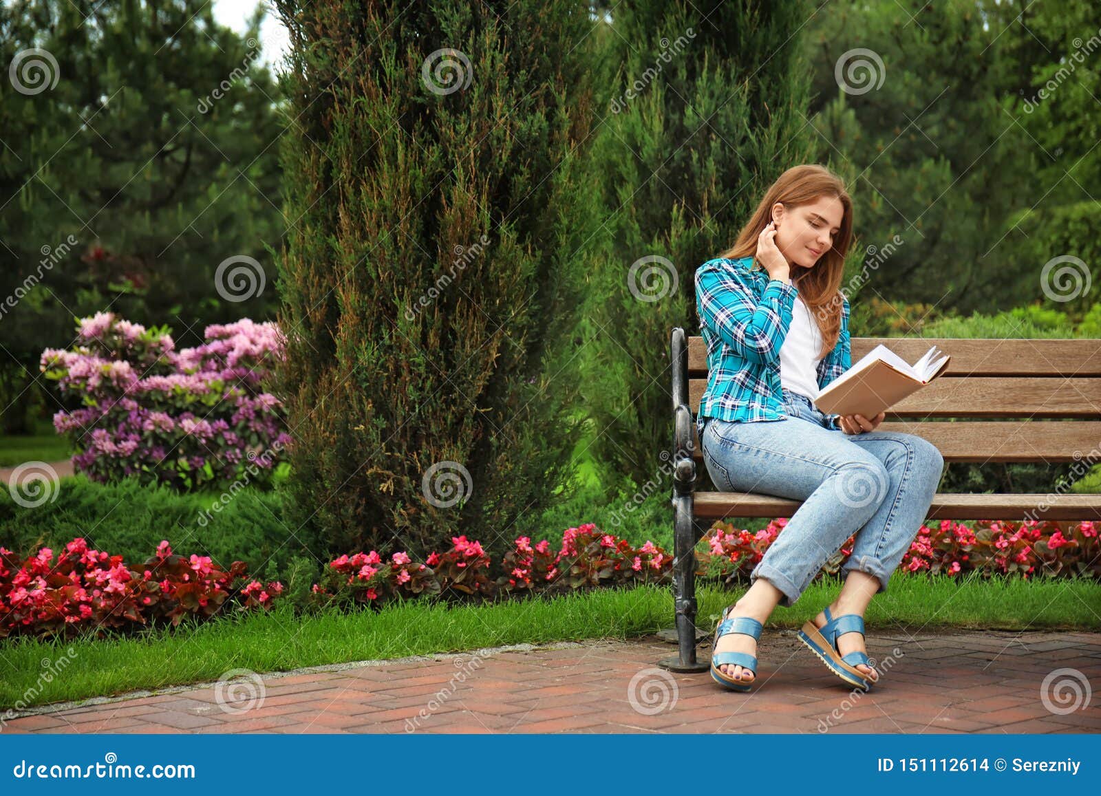 Young Woman Reading Book While Sitting On Wooden Bench In Park Stock