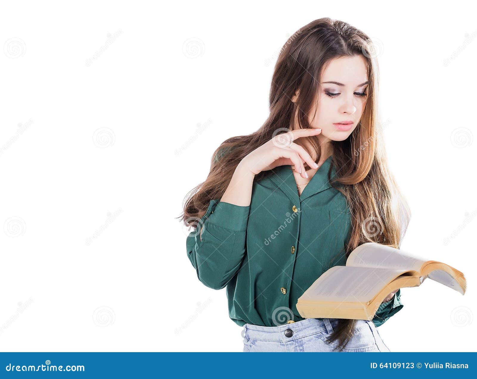 Young Woman Reading a Book on White Background Stock Image - Image of ...