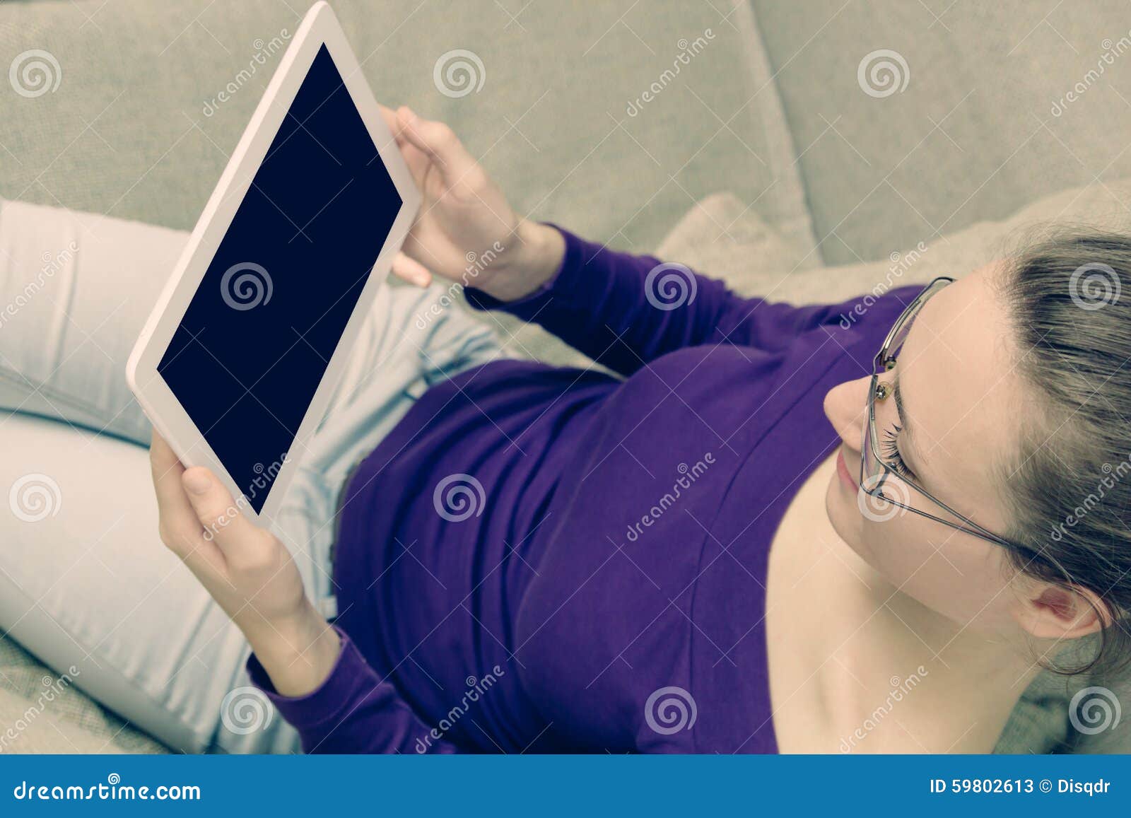 Young Woman Reading Digital Tablet at Home Stock Image - Image of ...