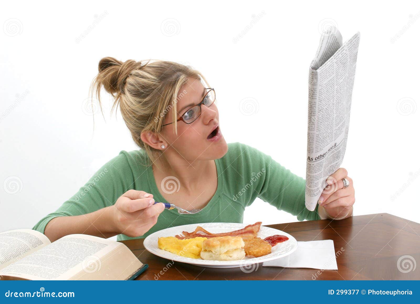 Young Woman Reading Newspaper at Breakfast Stock Image - Image of teen ...
