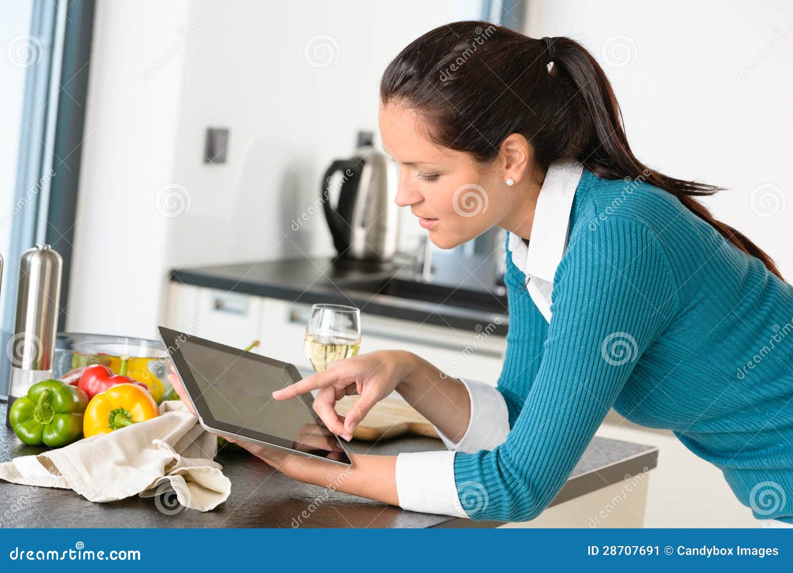 Young Woman Reading Recipe Tablet Kitchen Searching Stock Image - Image ...