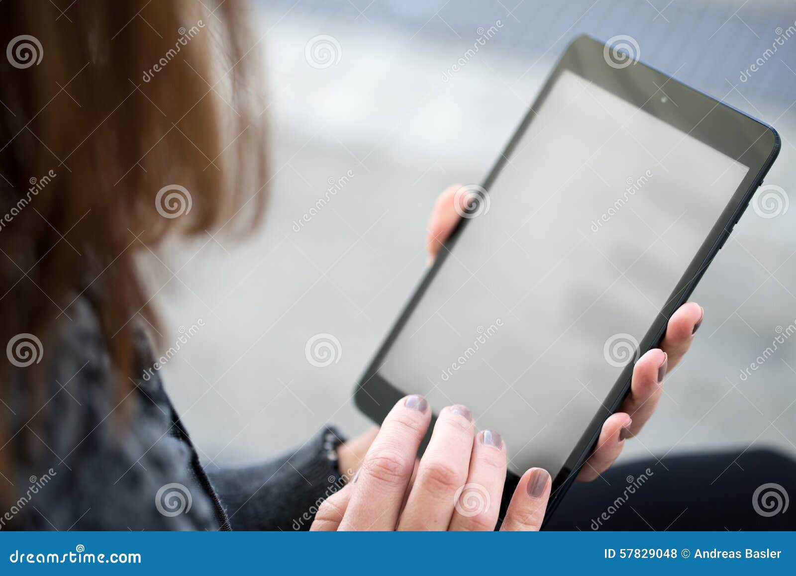Young Woman Reading on Tablet Stock Photo - Image of outside, network ...