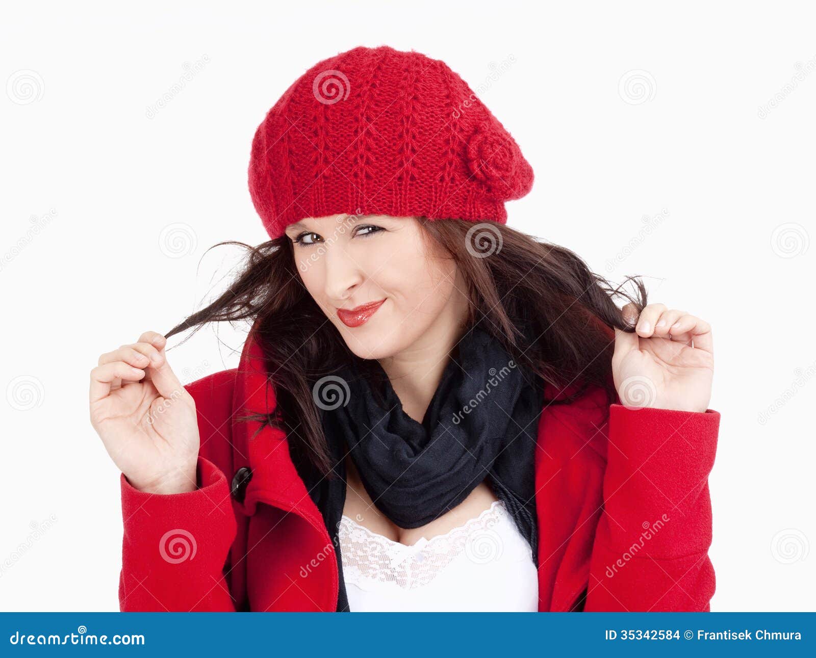Young Woman in Red Coat and Cap Smiling Stock Photo - Image of young ...