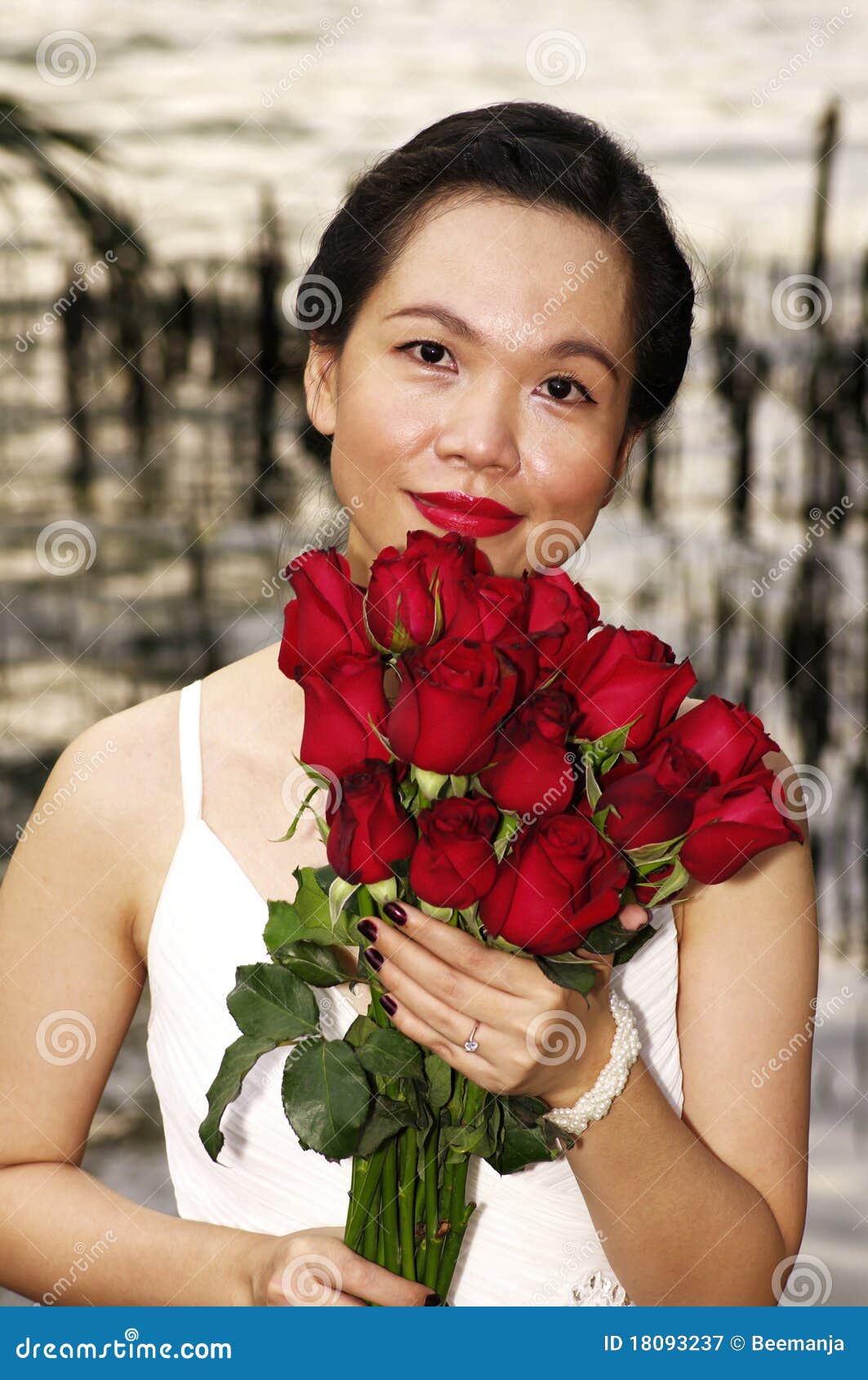 Young Woman with Red Roses Near the River Stock Image - Image of ...
