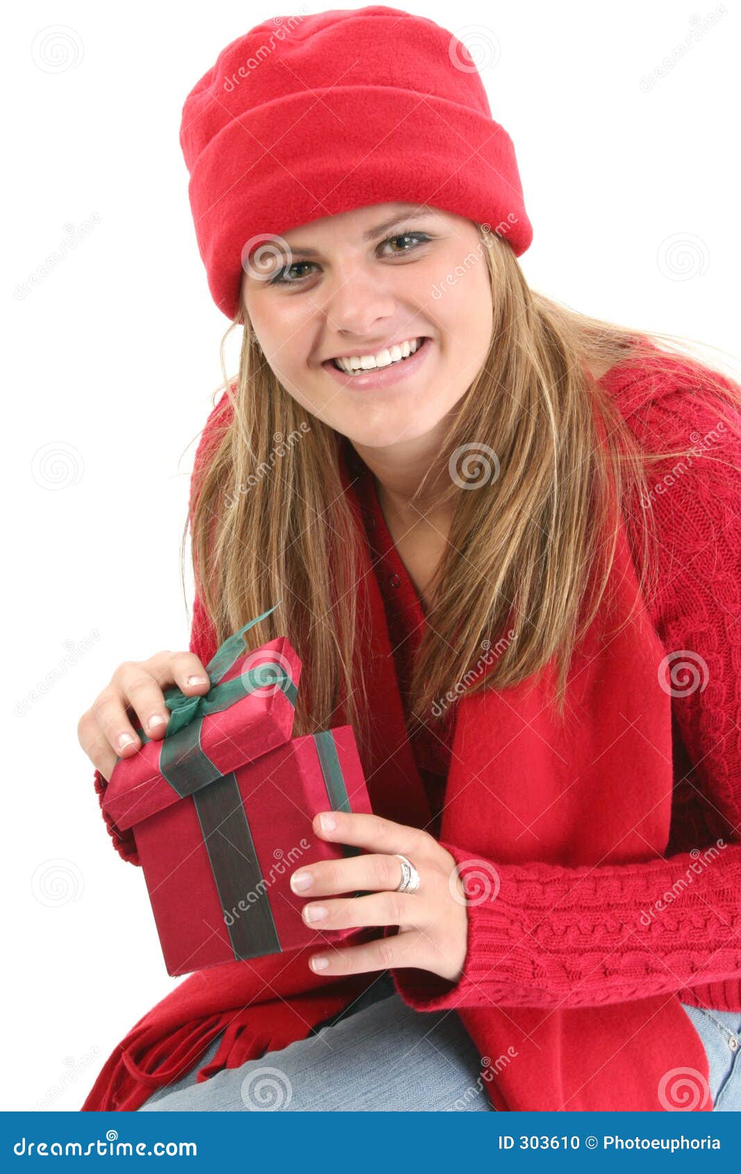 Young Woman in Red Winter Clothes with Gift Box Stock Photo - Image of ...