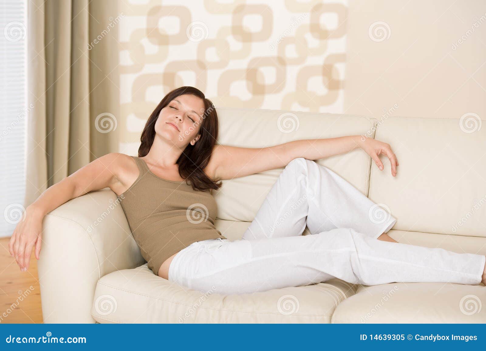 Young Woman Relax in Lounge Stock Image - Image of caucasian, brunette ...