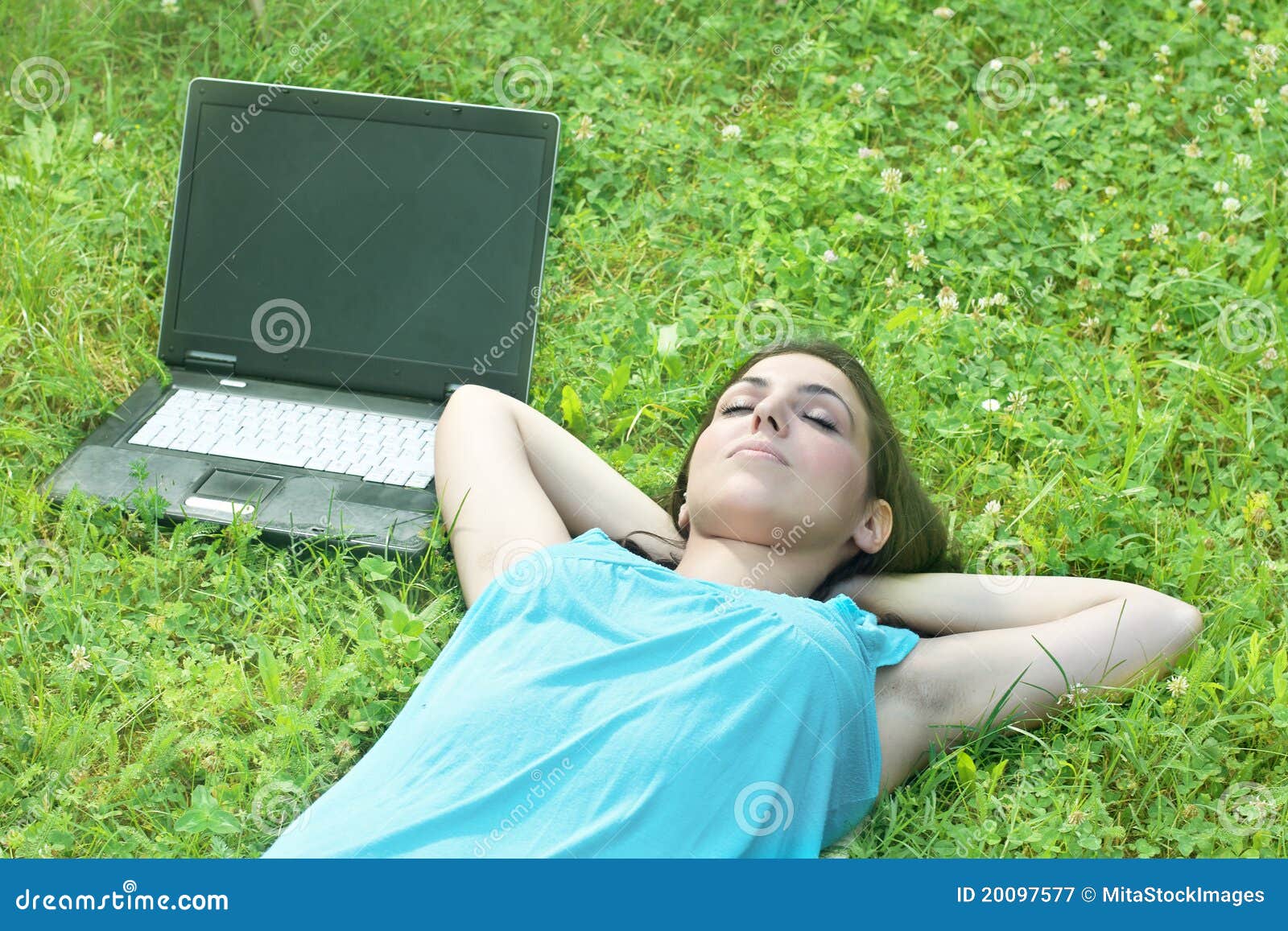 Young Woman Relaxing with Laptop Stock Image - Image of computer, park ...