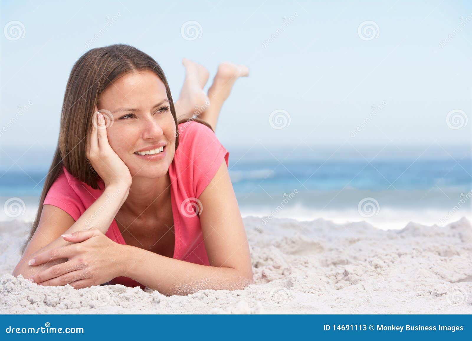 Young Woman Relaxing on Sandy Beach Stock Image - Image of sand, space ...