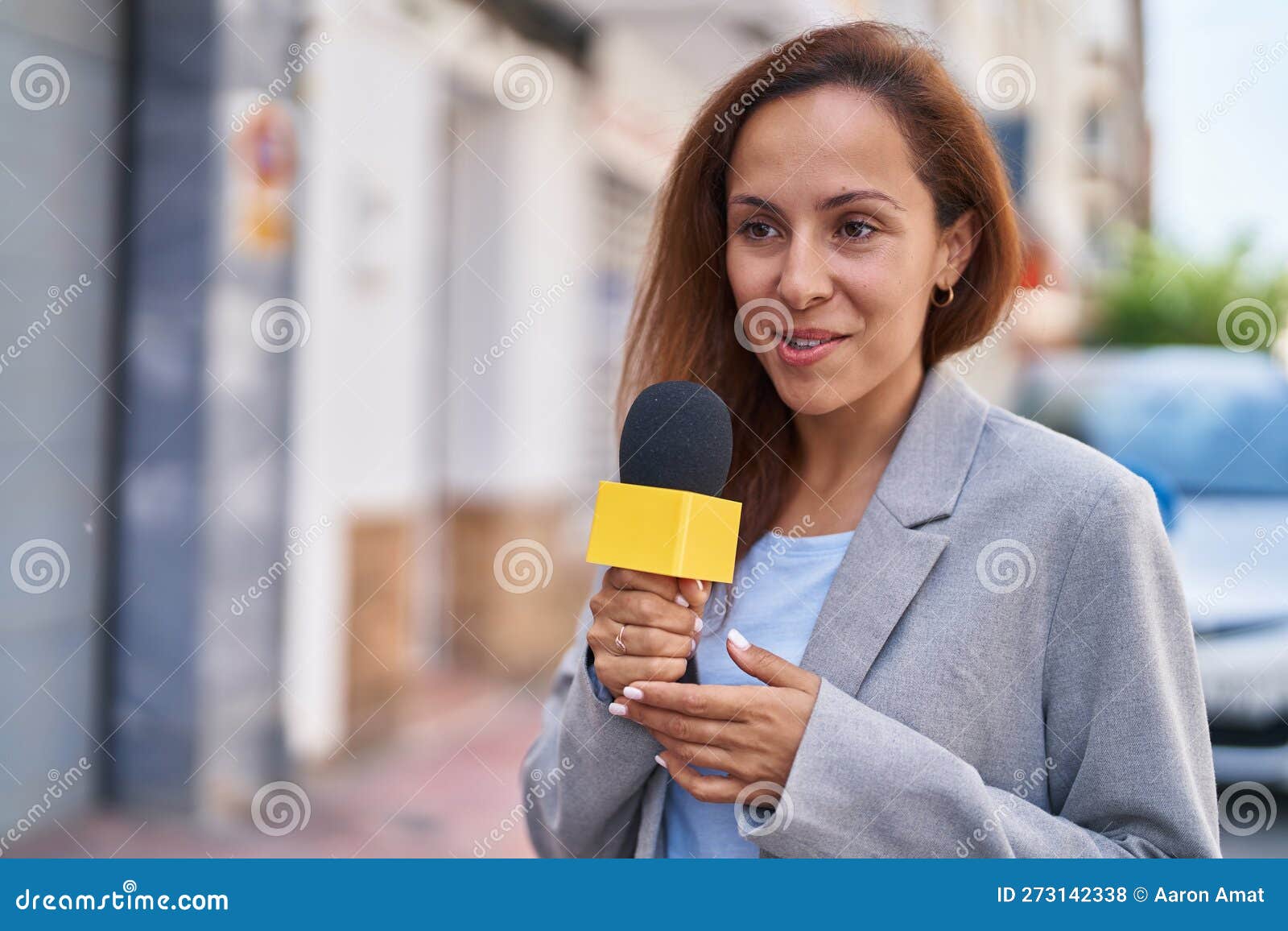 Young Woman Reporter Working Using Microphone at Street Stock Photo ...
