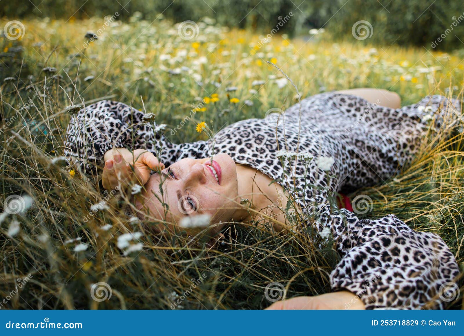 Summer Lifestyle Portrait Middle Aged Woman Lying On The Grass Outdoor