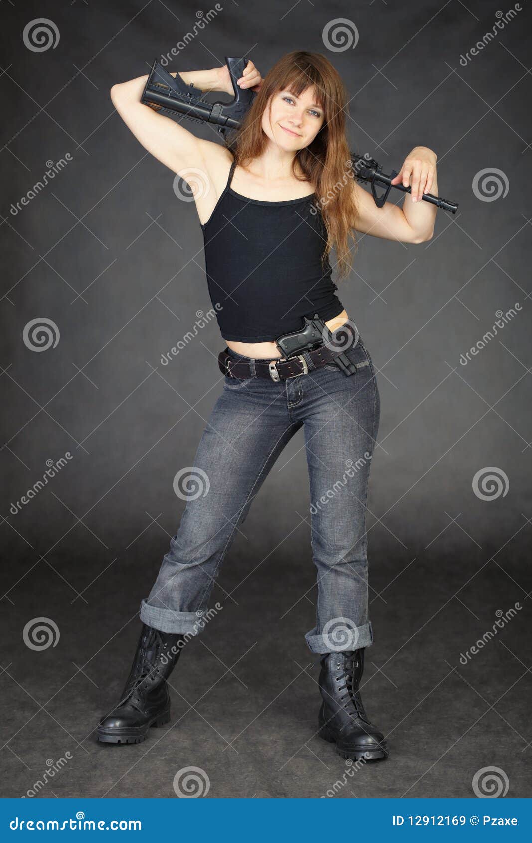 Young Woman with Rifle on Shoulders Stock Image - Image of lady ...