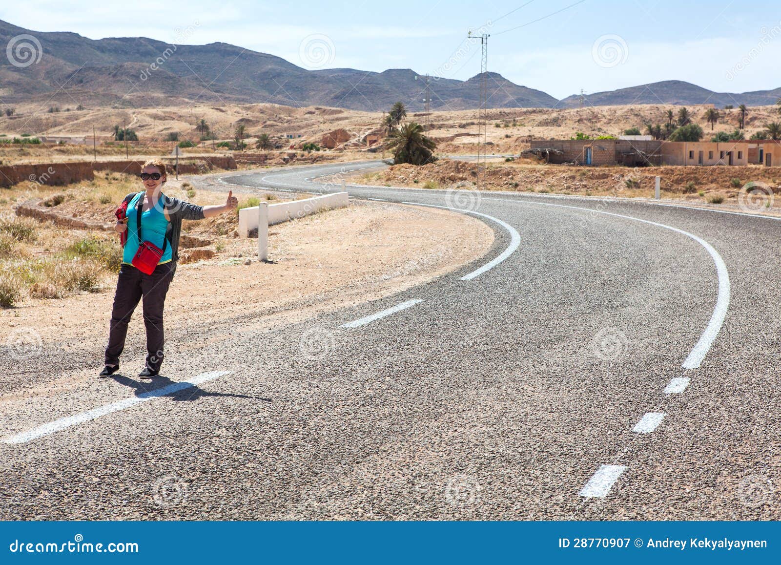Young Woman on Road Hitching Car Stock Image - Image of gesturing ...