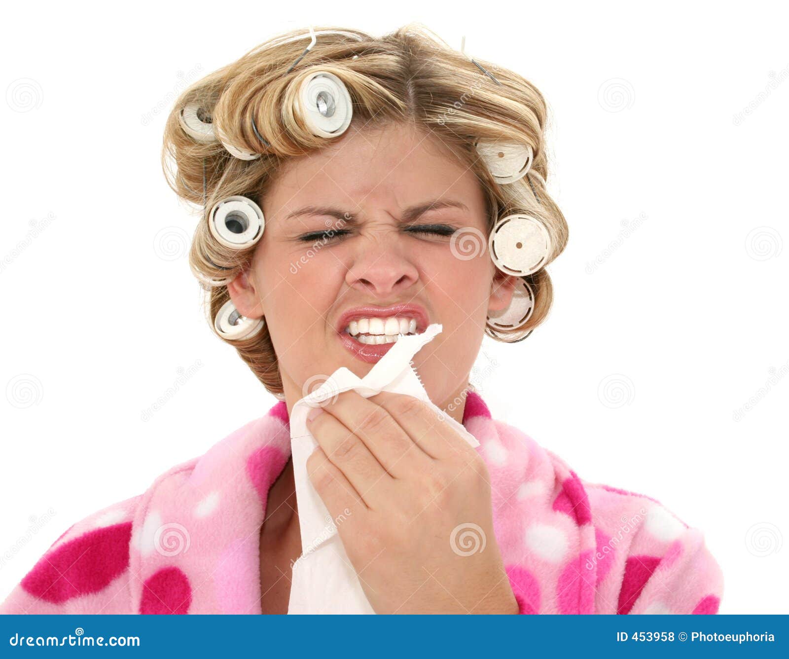 Young Woman in Rollers and Robe Sneezing Stock Photo - Image of teen ...