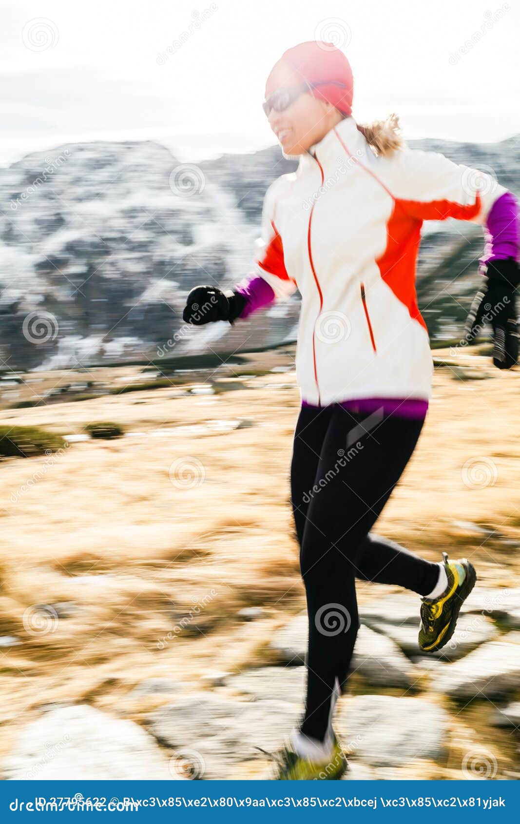 Young Woman Running in Mountains on Winter Day Stock Photo - Image of ...