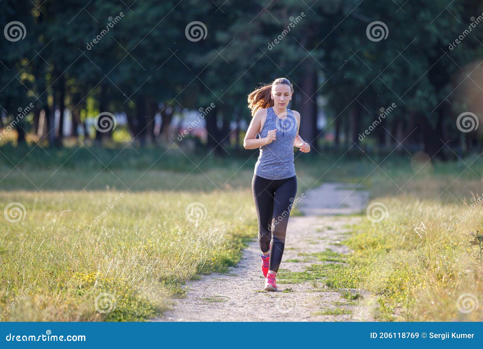 Young Woman Running on the Path in Summer Park Stock Image - Image of ...