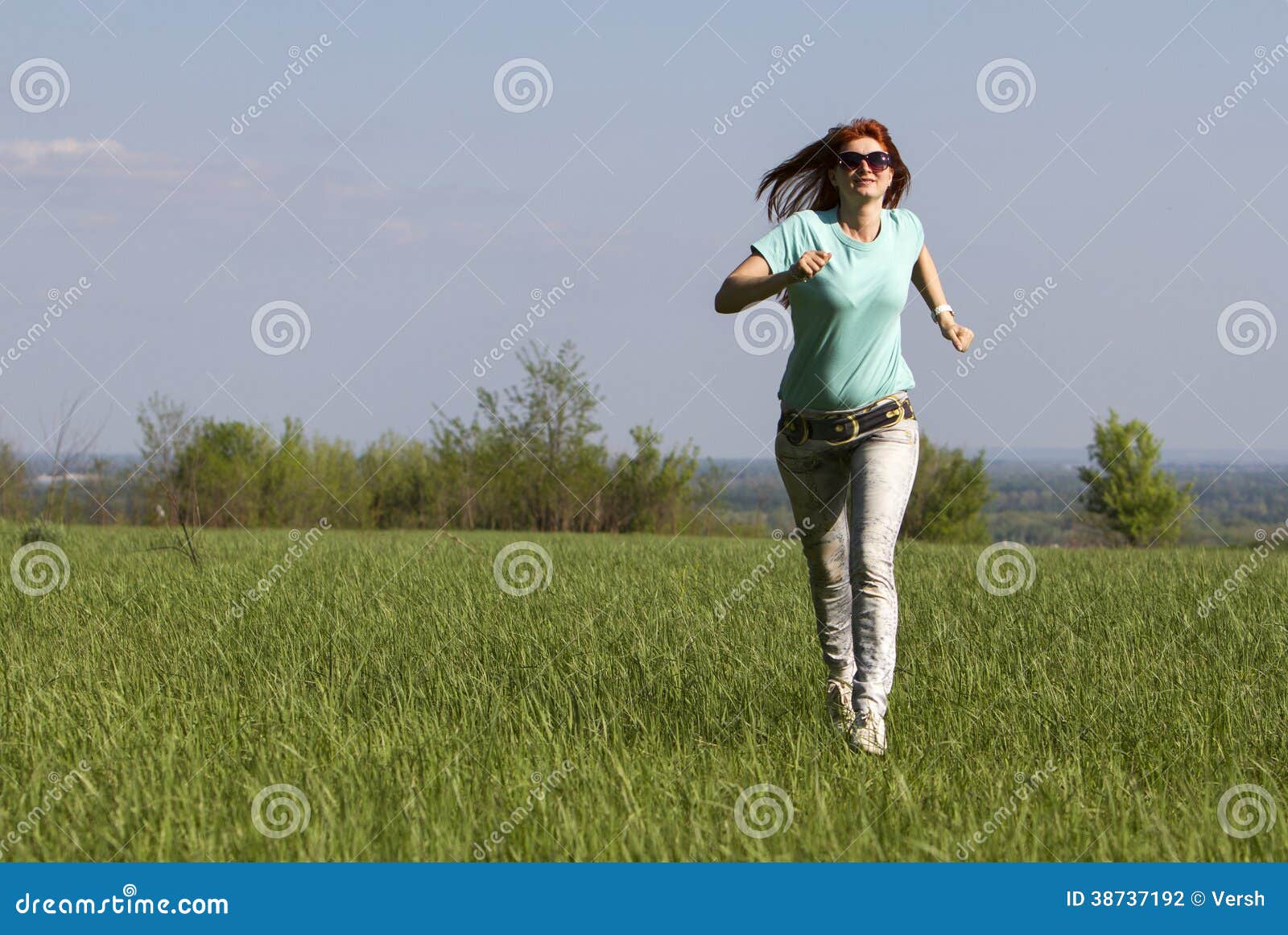Young Woman Running on Spring Meadow Stock Photo - Image of grass ...