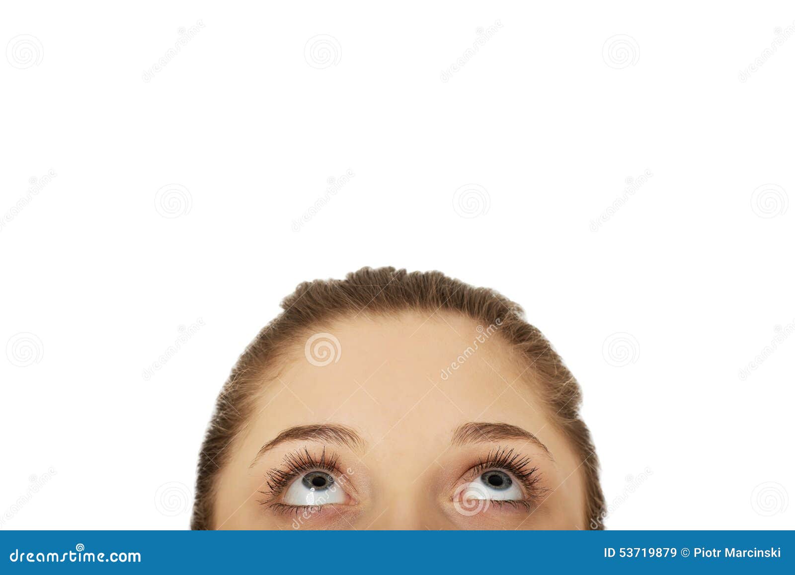 Young Woman S Eyes Looking Up. Stock Image - Image of high, background ...
