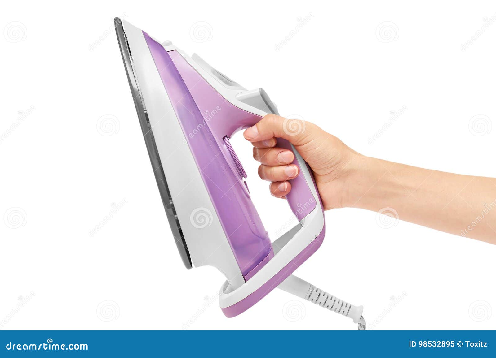 Young Woman`s Hand Holding Iron on White Background Stock Image - Image ...