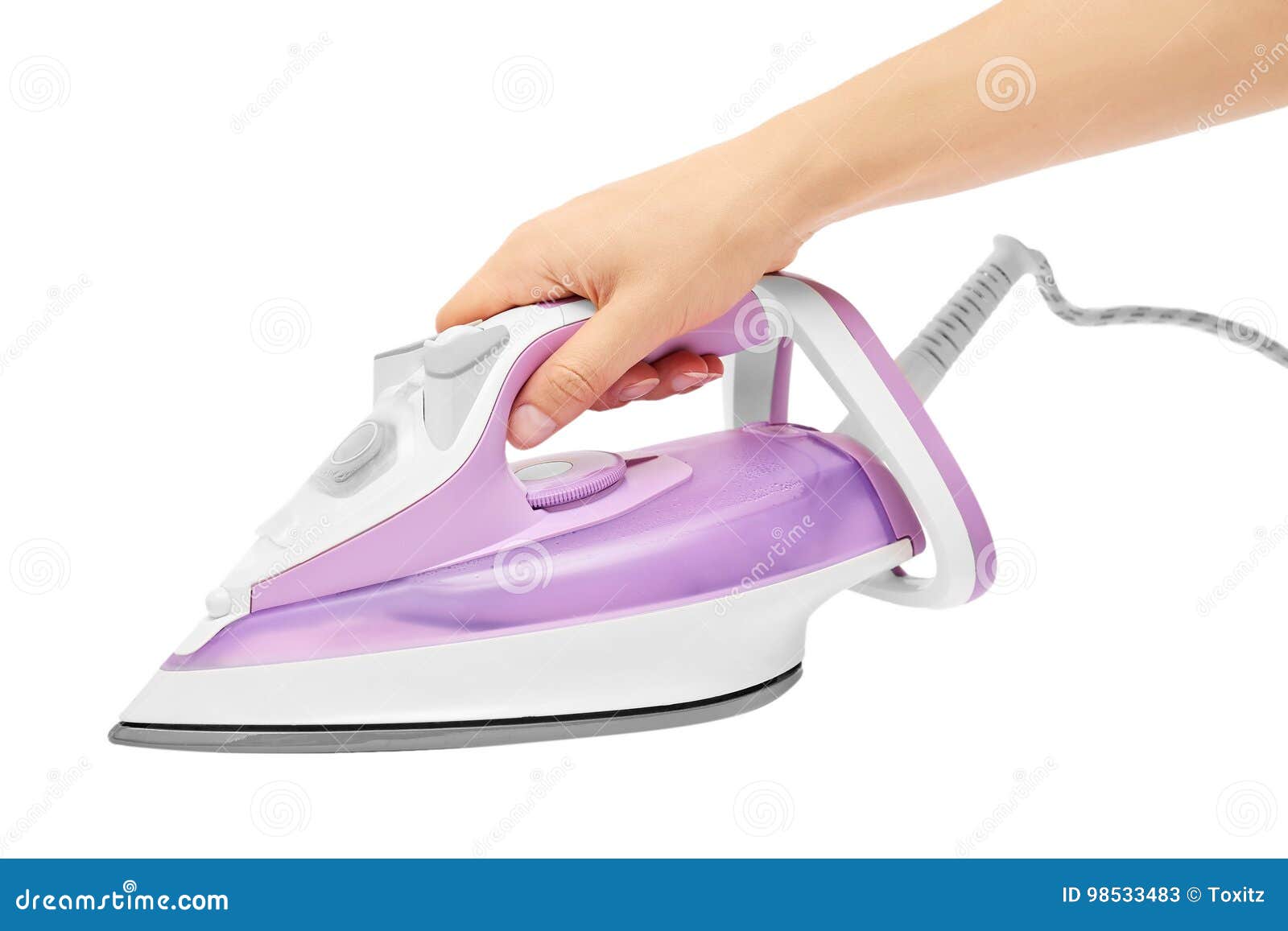 Young Woman`s Hand Holding Iron on White Background Stock Image - Image ...