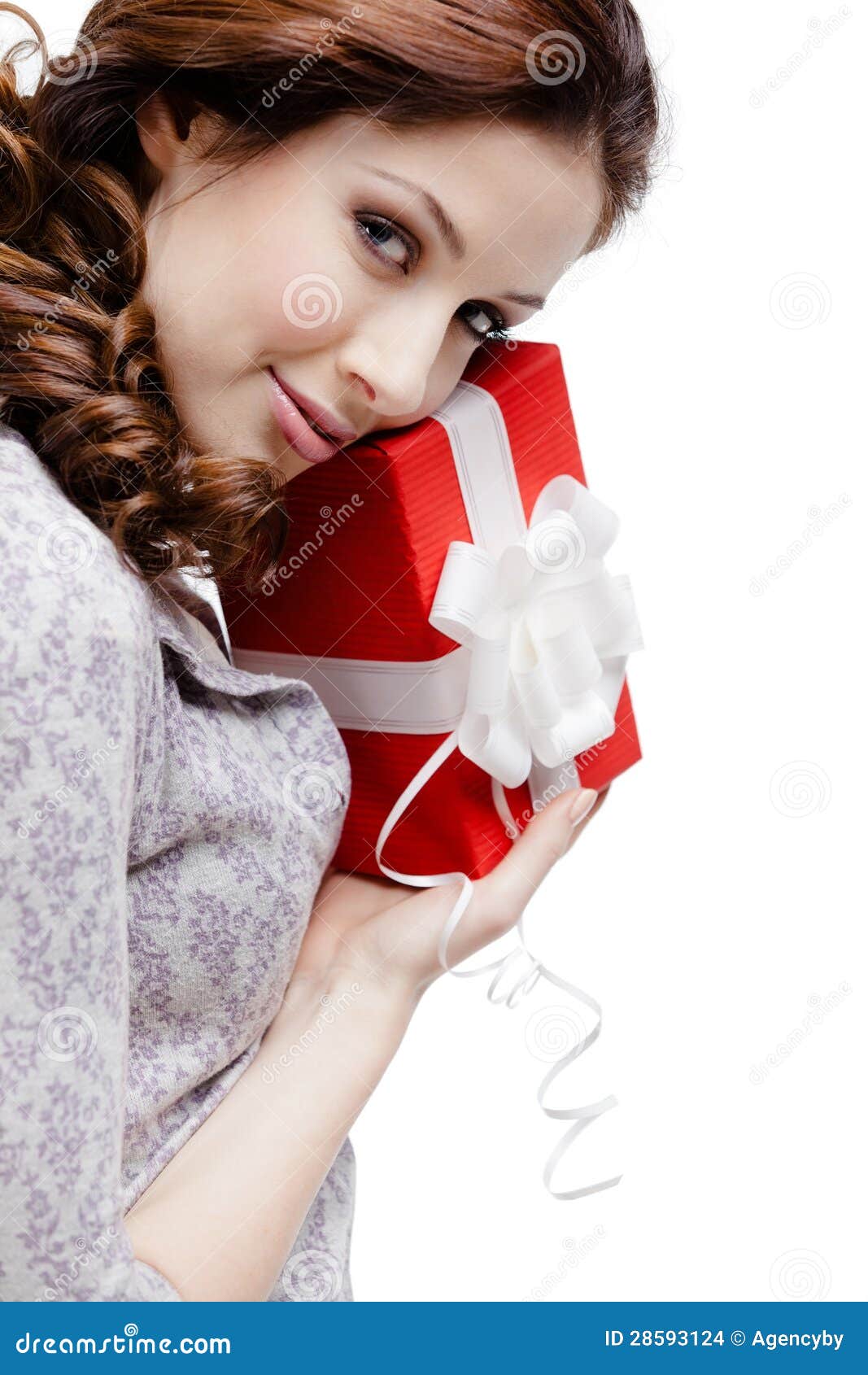 Young Woman is Satisfied with a Gift Stock Photo - Image of festive ...