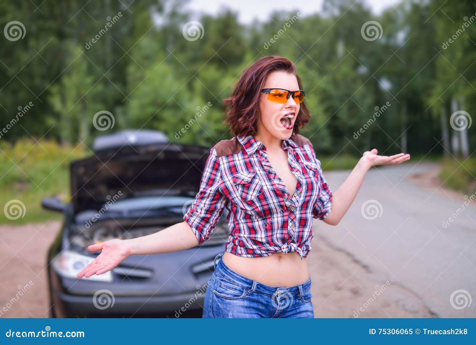 Young Woman Screaming Asking for Help when Realizing that Her Car Broke ...