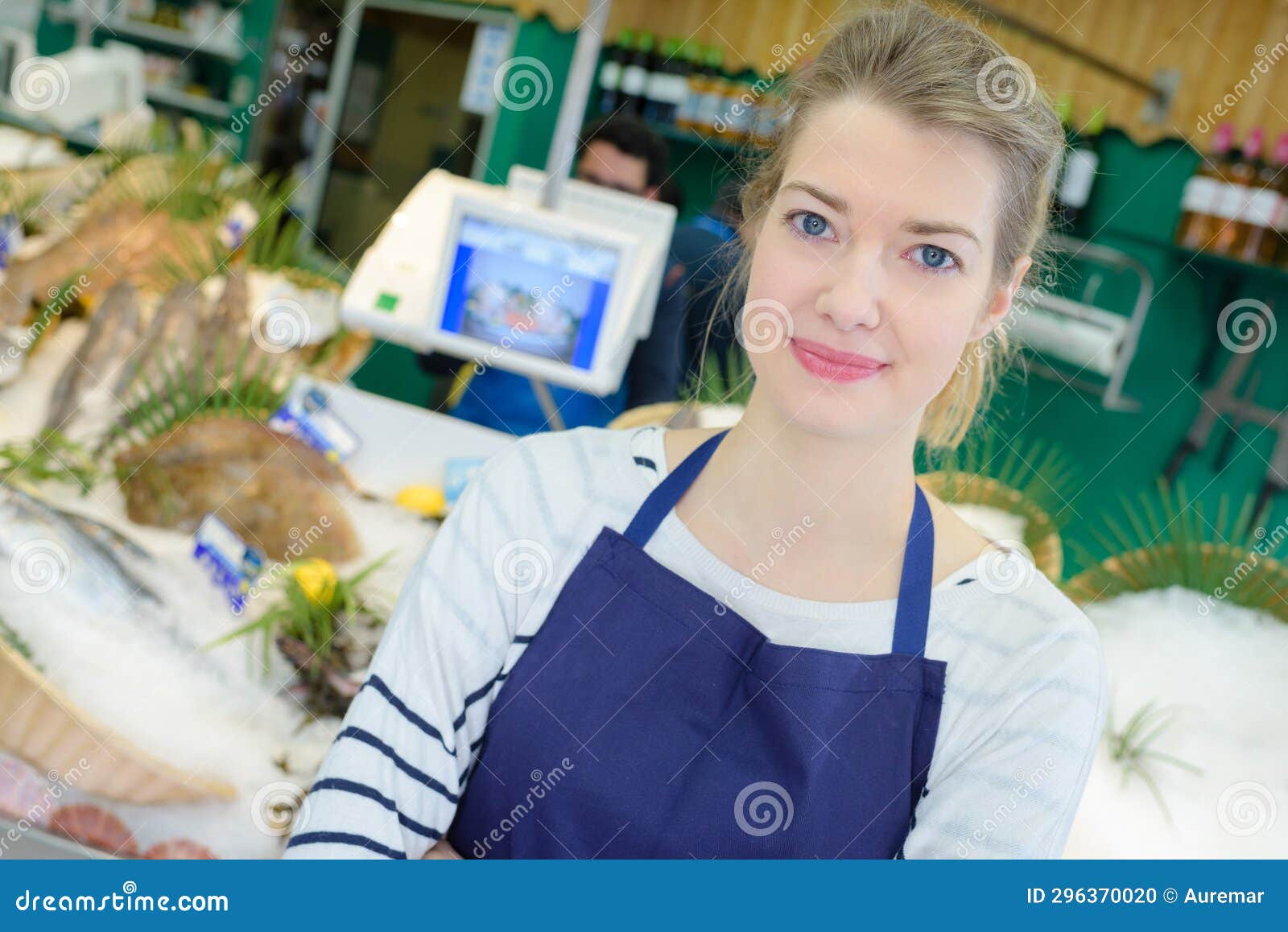 Young Woman Selling Fish at Store Stock Photo - Image of work, male ...