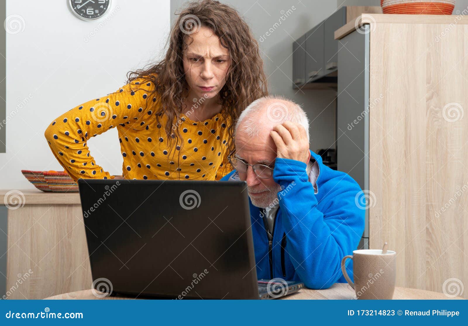 Young Woman and Senior Man Have Problem with Laptop Computer Stock ...