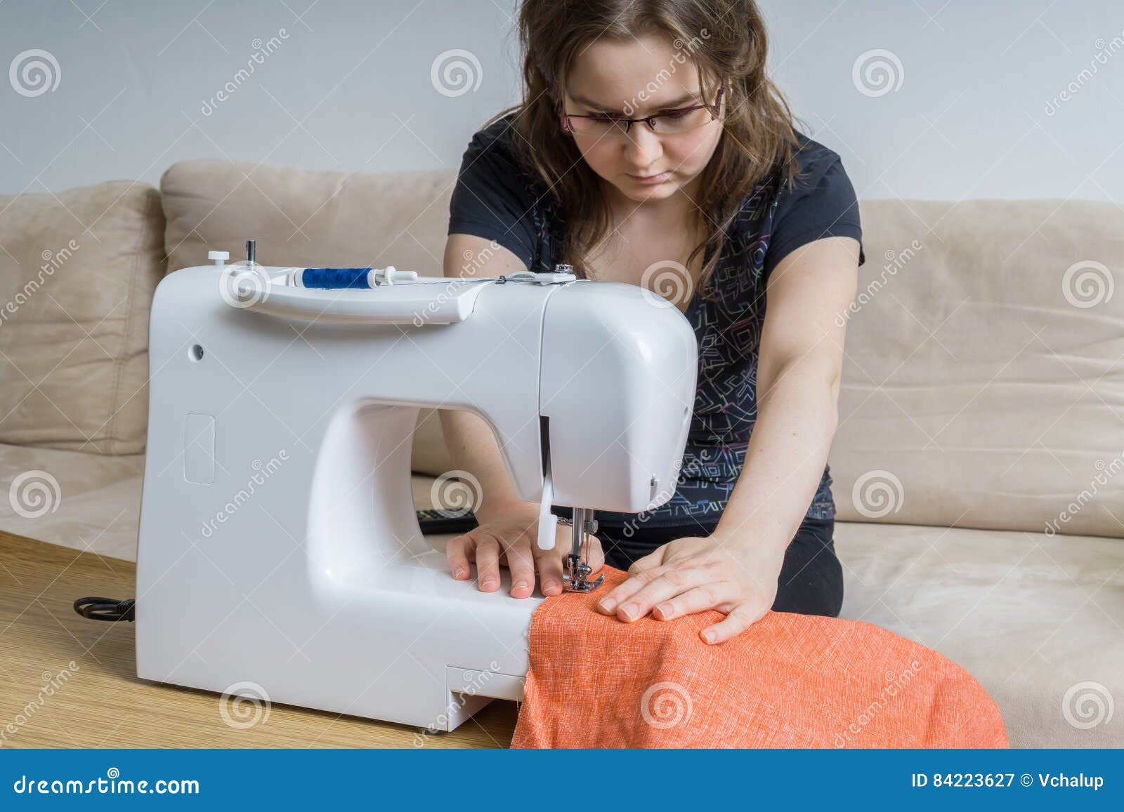 Young Woman is Sewing Cloth with Sewing Machine Stock Image - Image of ...