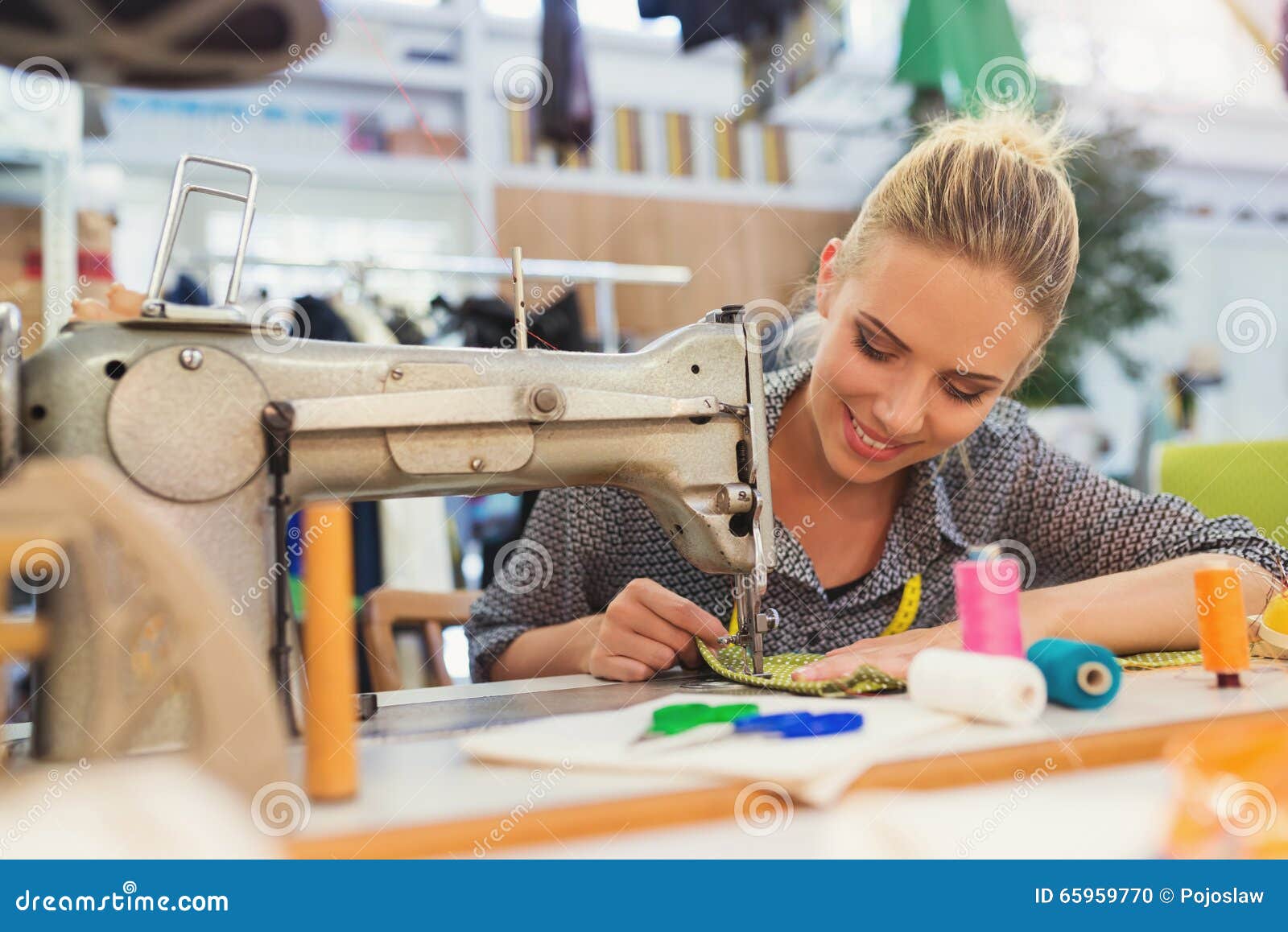 Young Woman with Sewing Machine Stock Photo - Image of material ...