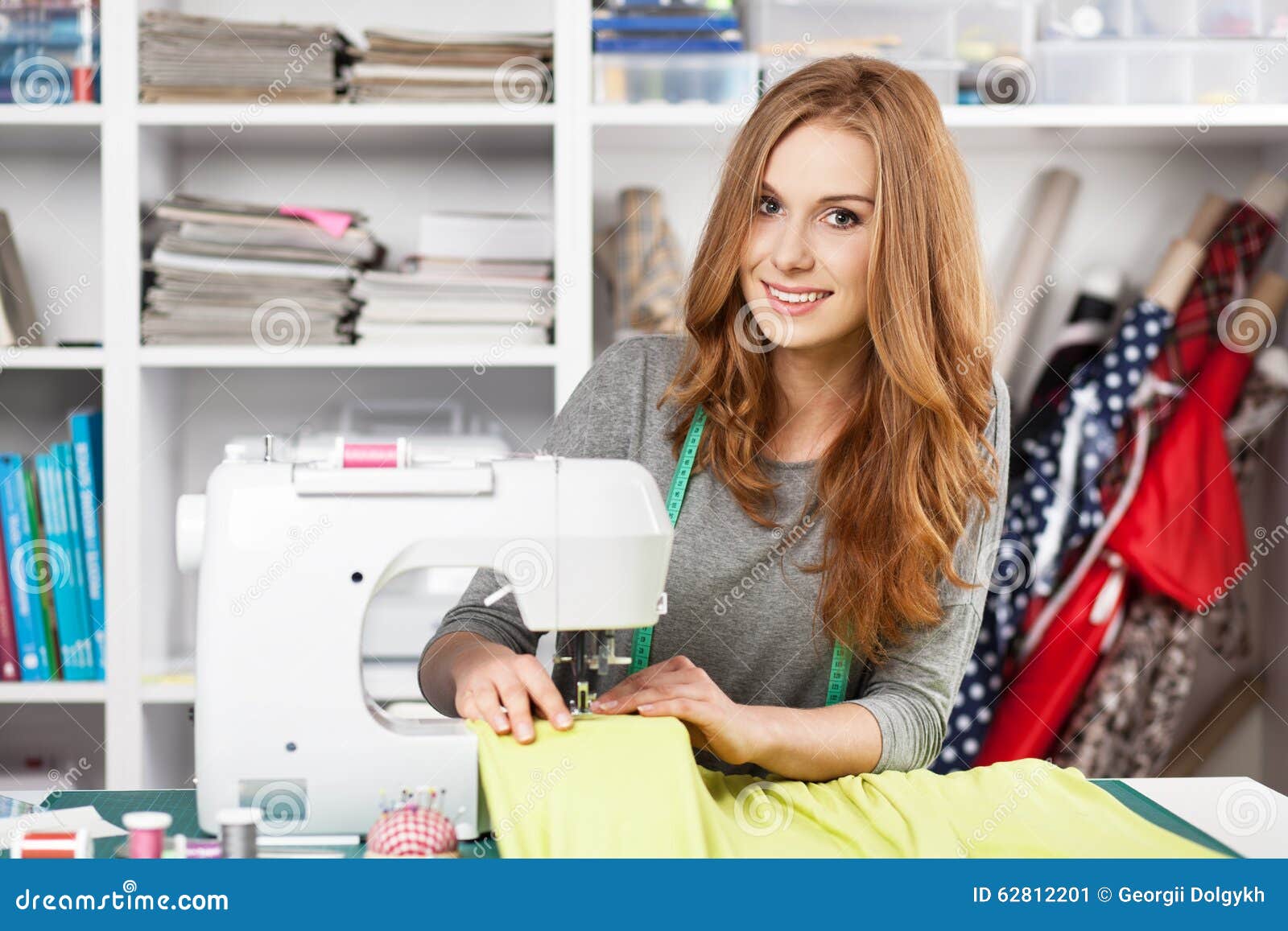 Young Woman at a Sewing Machine Stock Image - Image of happy, machine ...