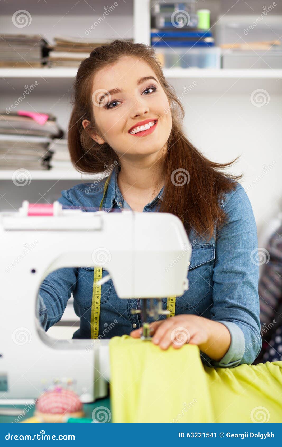 Young Woman at a Sewing Machine Stock Image - Image of happy, female ...