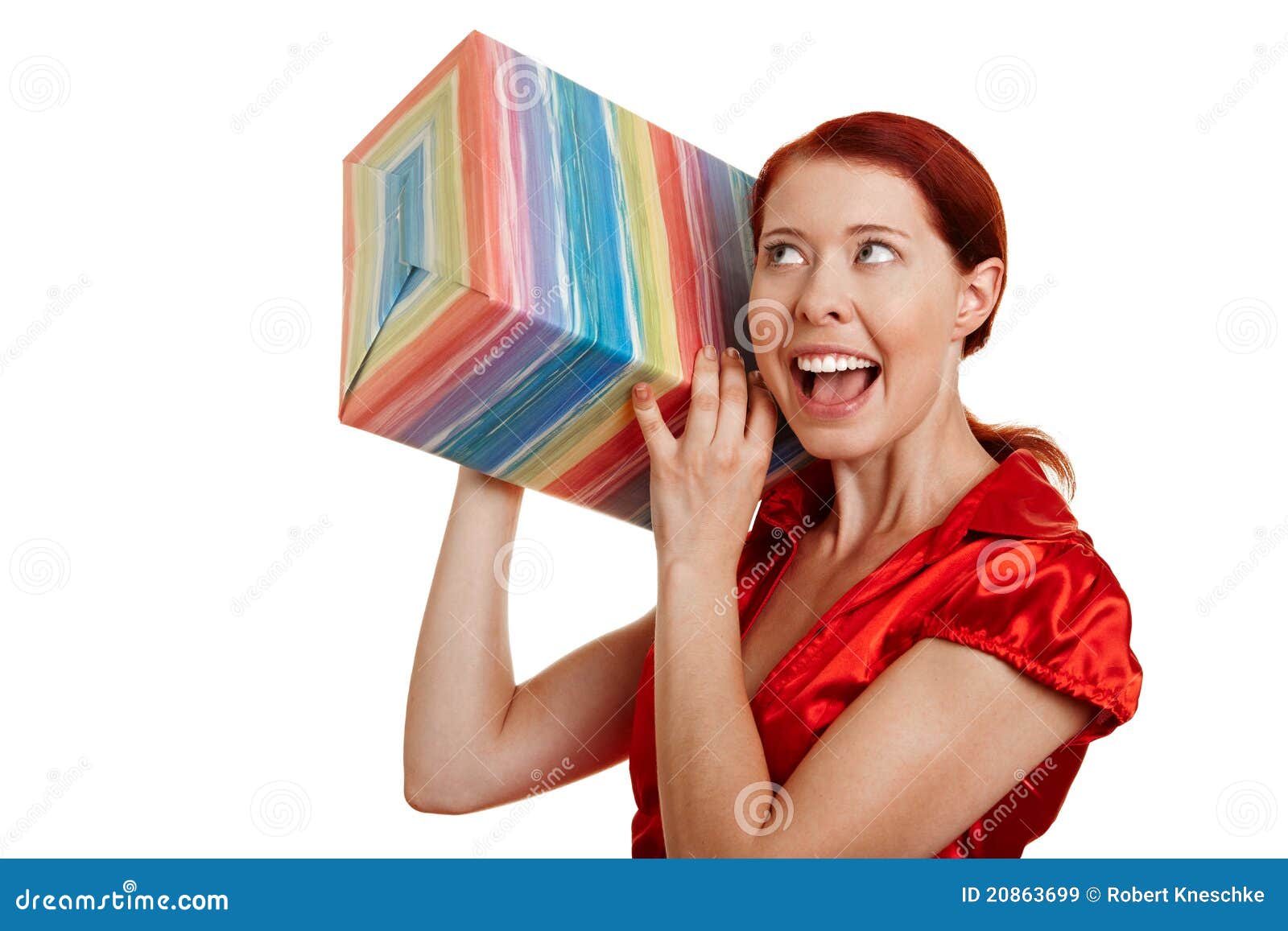 Young woman shaking gift stock image. Image of impatient - 20863699
