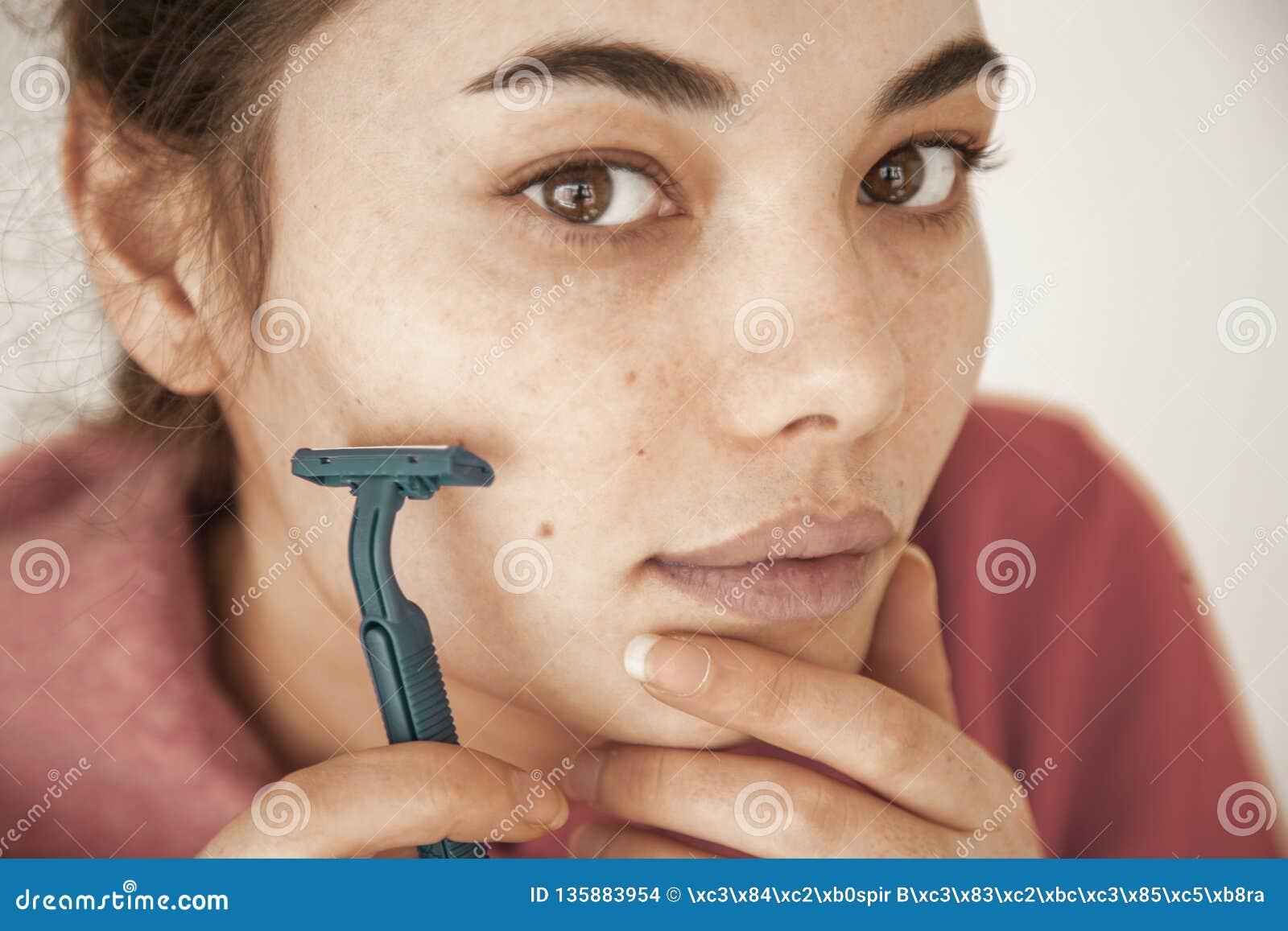 Young Woman Shaving Beard on White Background Stock Photo - Image of ...