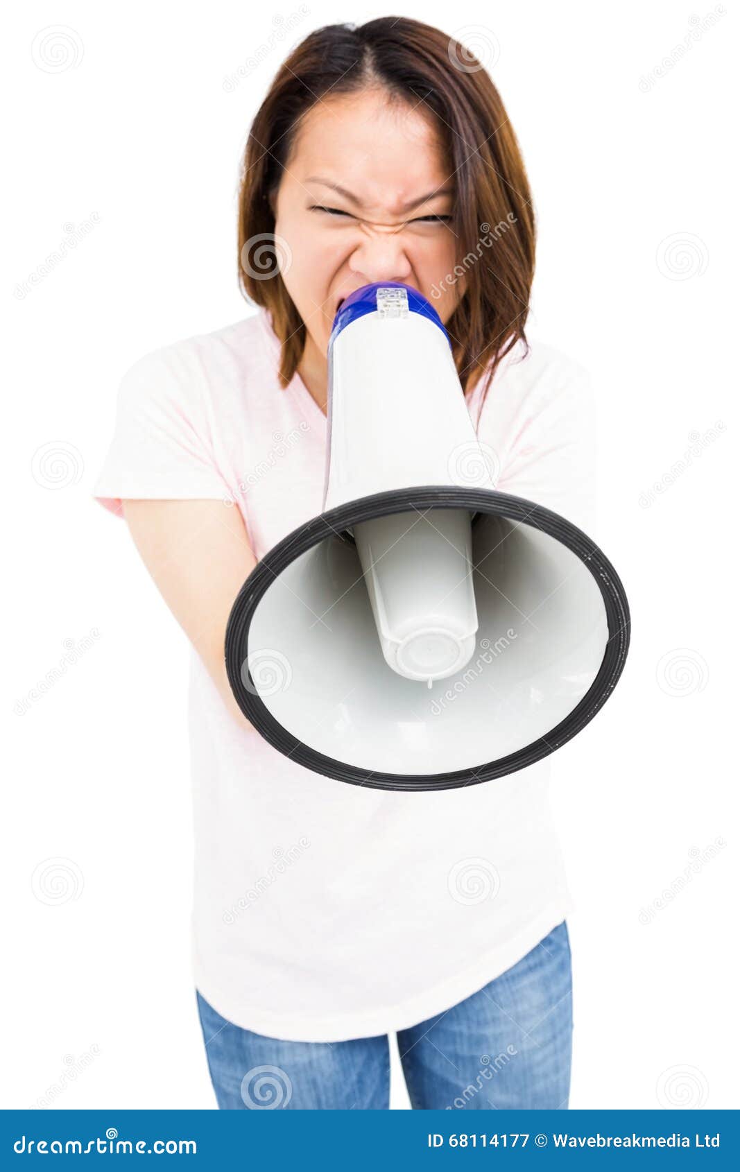 Young Woman Shouting On Horn Loudspeaker Stock Image - Image of ...